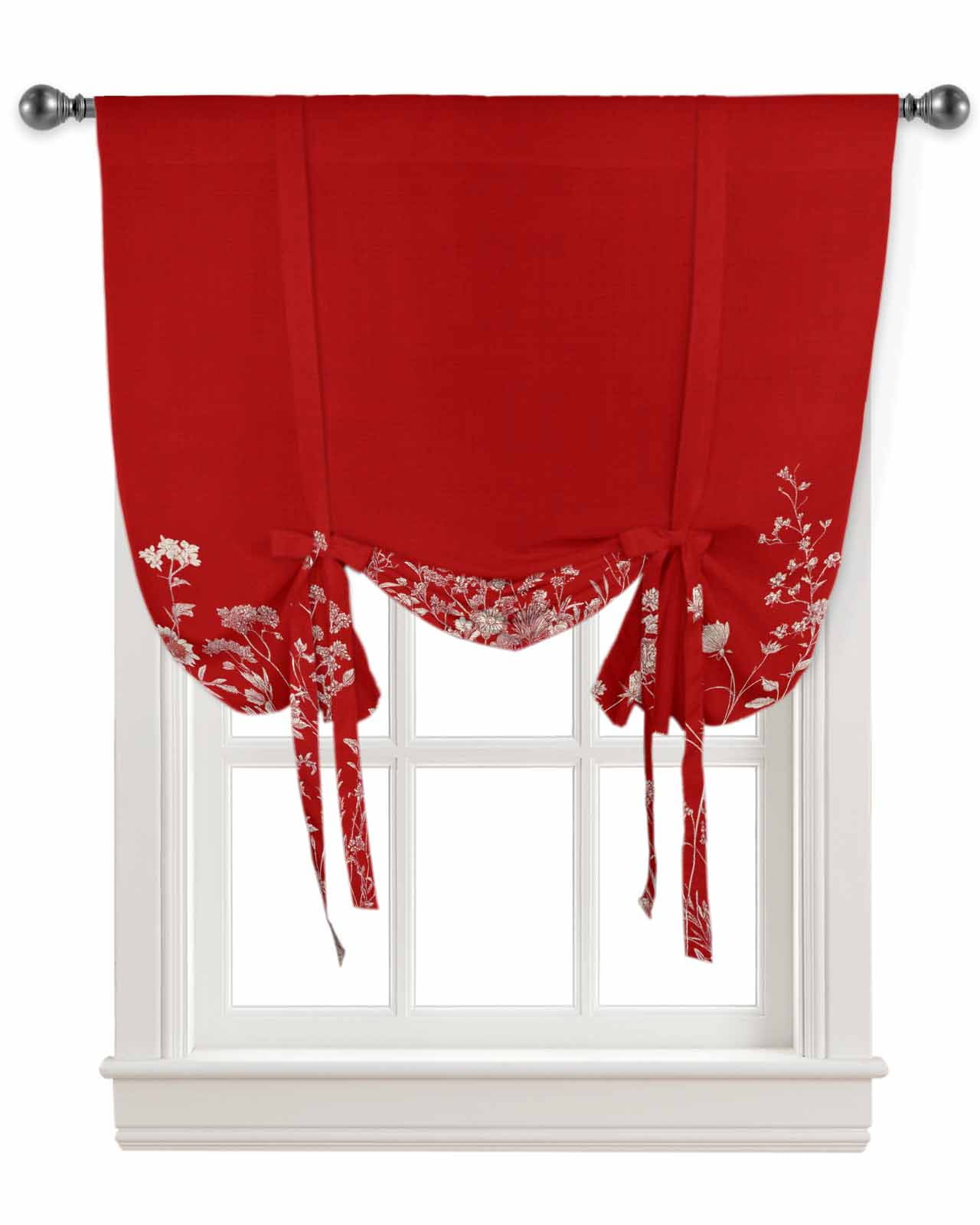 Red Botanical Tie Up Curtains for Window, Farmhouse Spring Summer ...