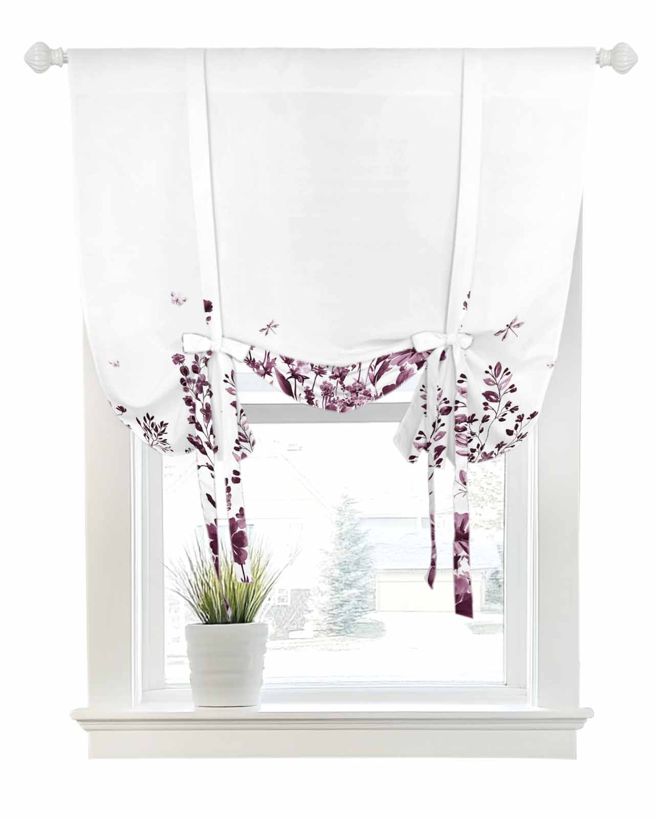 Red Botanical Tie Up Curtains for Window, Thermal Insulated Balloon ...