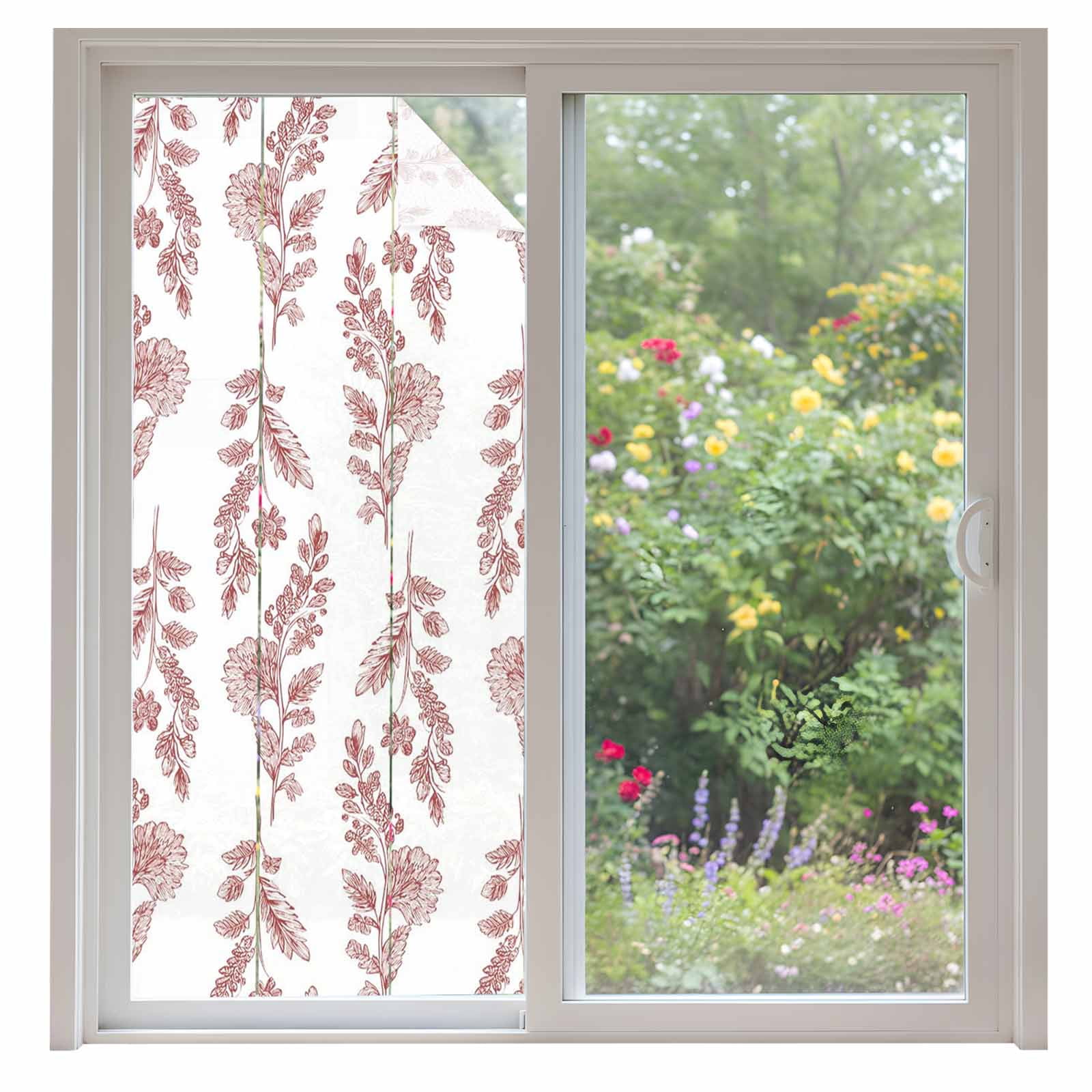 Red Botanical Window Privacy Film, Pastoral Elegant Spring Floral ...