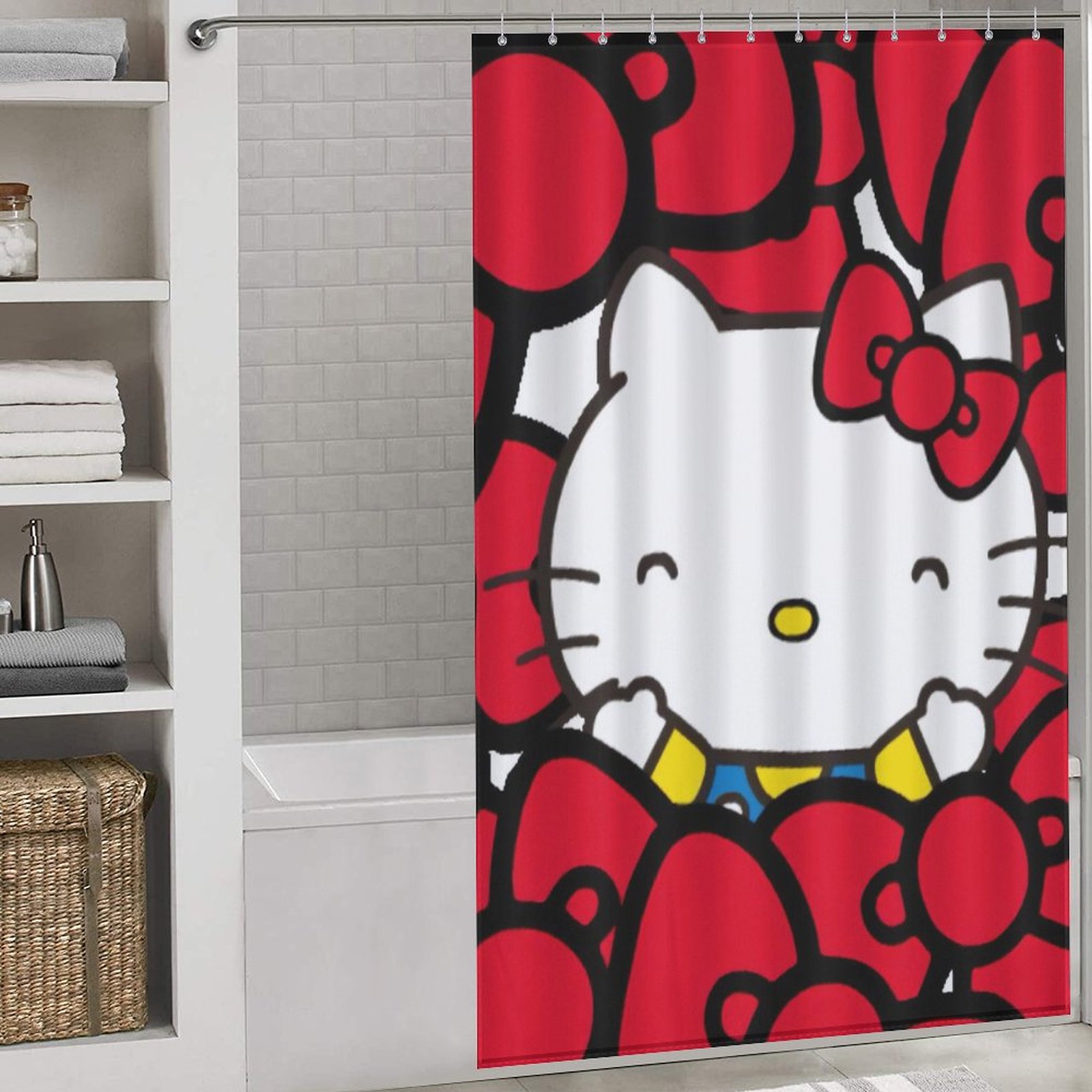 Red Bow Hello Kitty Shower Curtains for Bathroom,Shower Curtain,Cartoon Bath Curtain with 12 ...