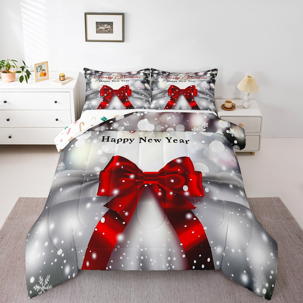 Red Bow Print Comforter Set Merry Christmas Bedding Happy New Year ...