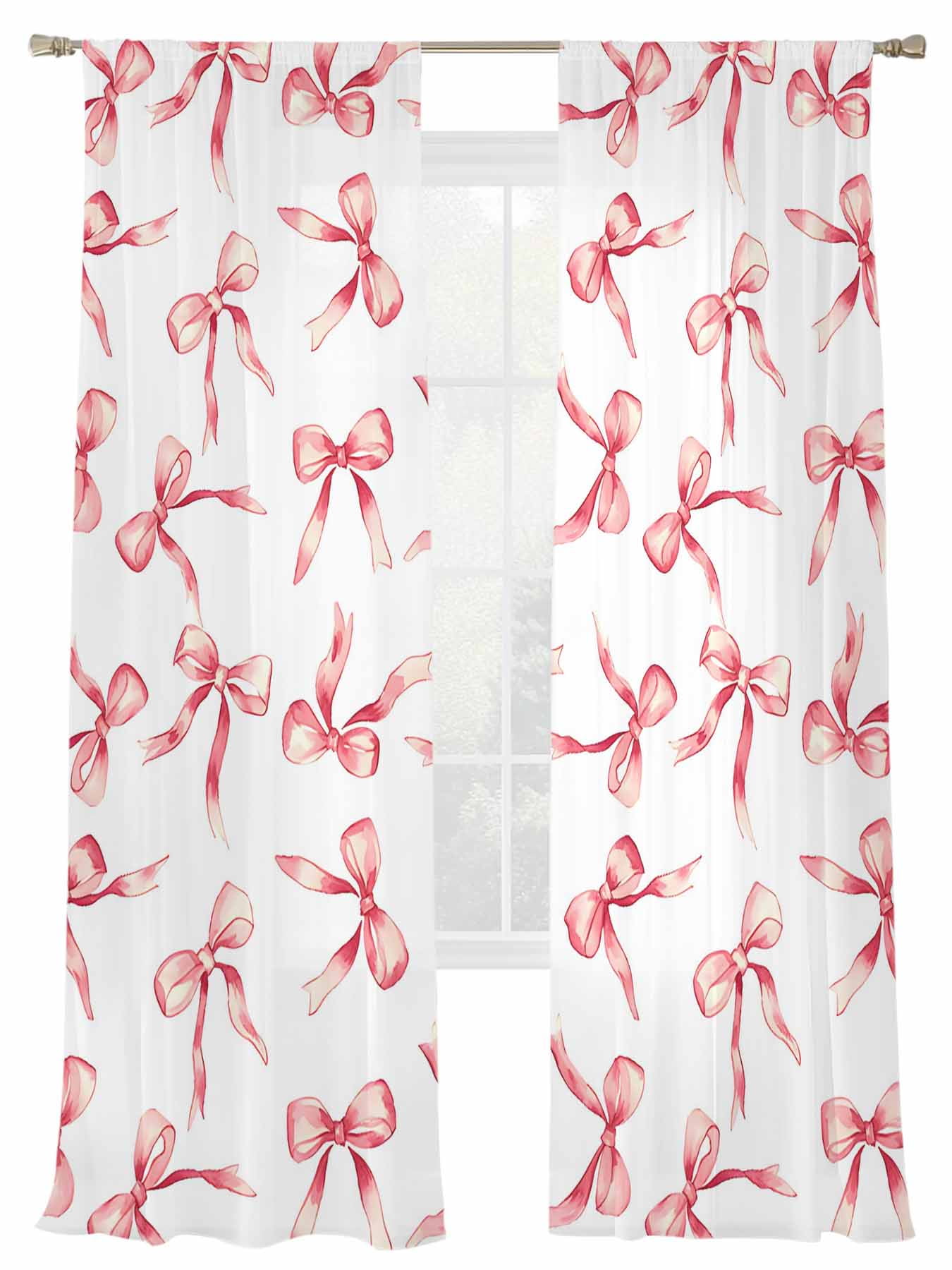 Red Bow Sheer Curtains 2 Panels Set Watercolor Bow Sheer Window ...