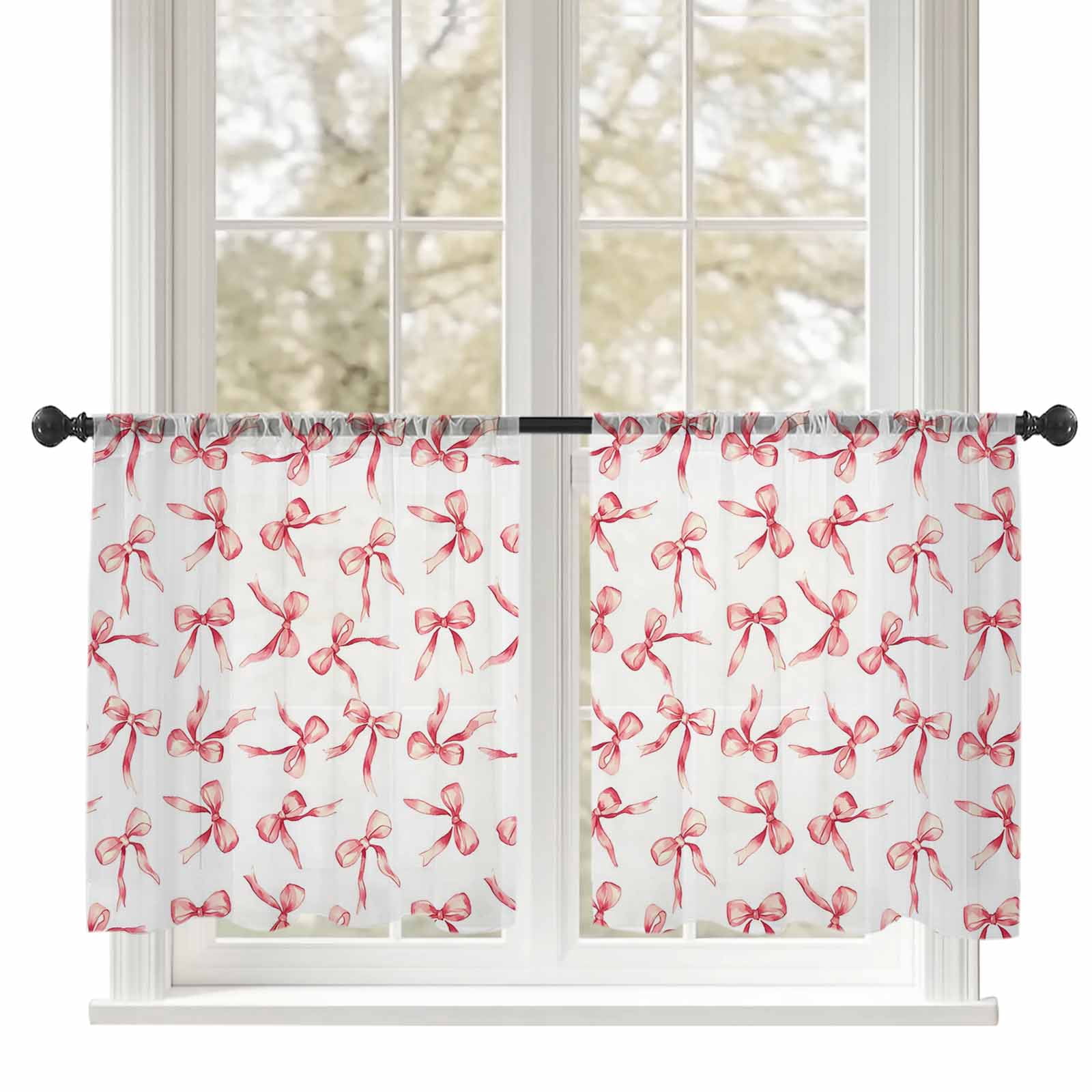 Red Bow Sheer Curtains 45 inches Long, Watercolor Bow Retro Cute Light ...
