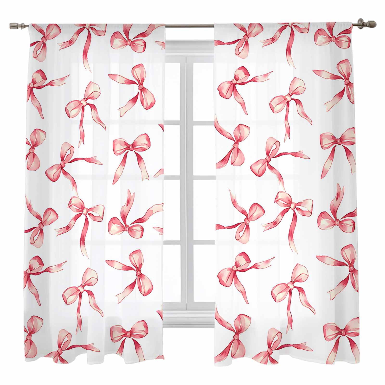 Red Bow Sheer Curtains 63 inches Long, Watercolor Bow Retro Cute Light ...