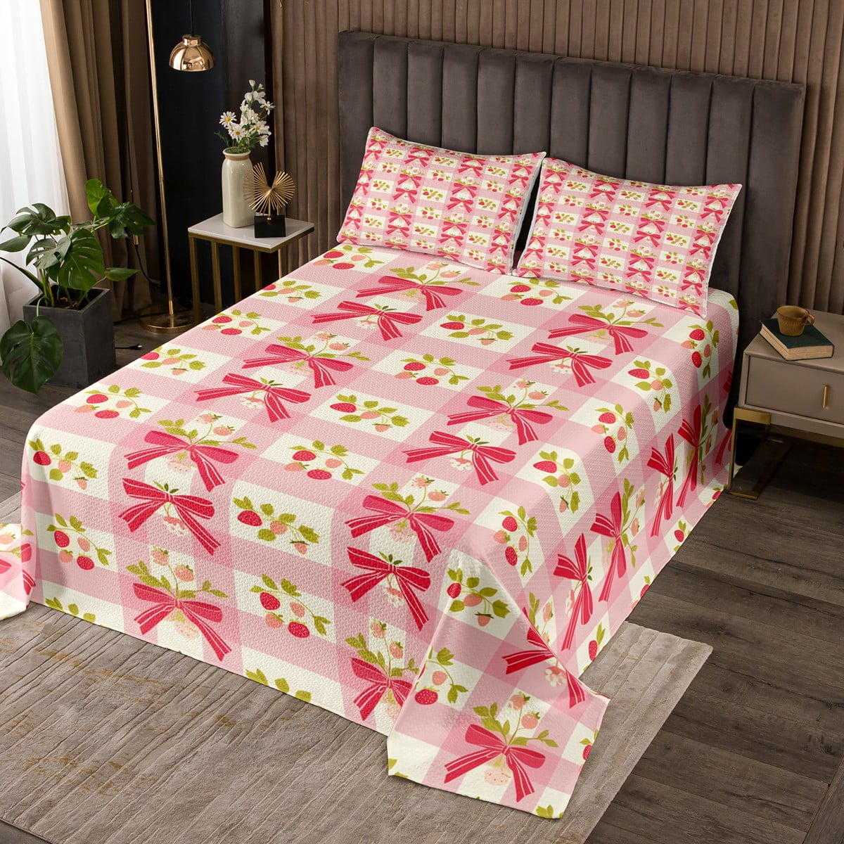 Red Bowknot Bedspread Queen Size Sweet Strawberry Fruit Coverlet Set ...