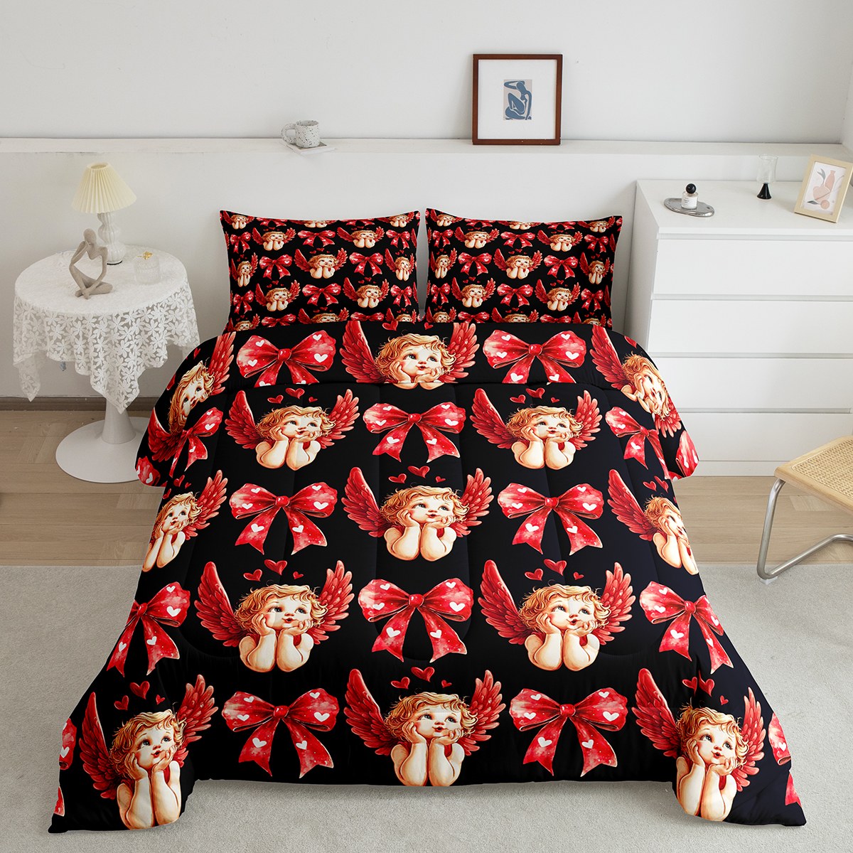 Red Bowknot Comforter Set Queen Size,Cartoon Angel Wing Valentine's Day ...