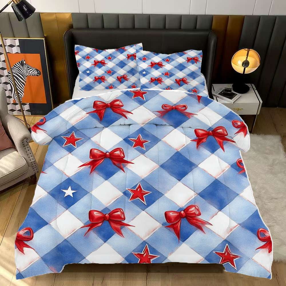 Red Bows On Blue Gingham Comforter Set Full Size Bedding Set For Travl ...