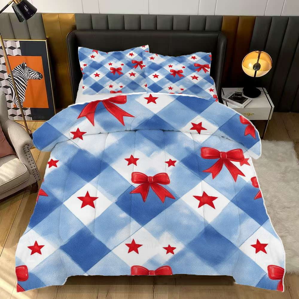 Red Bows On Blue Gingham Comforter Set Queen Size Bedding Set For Travl ...