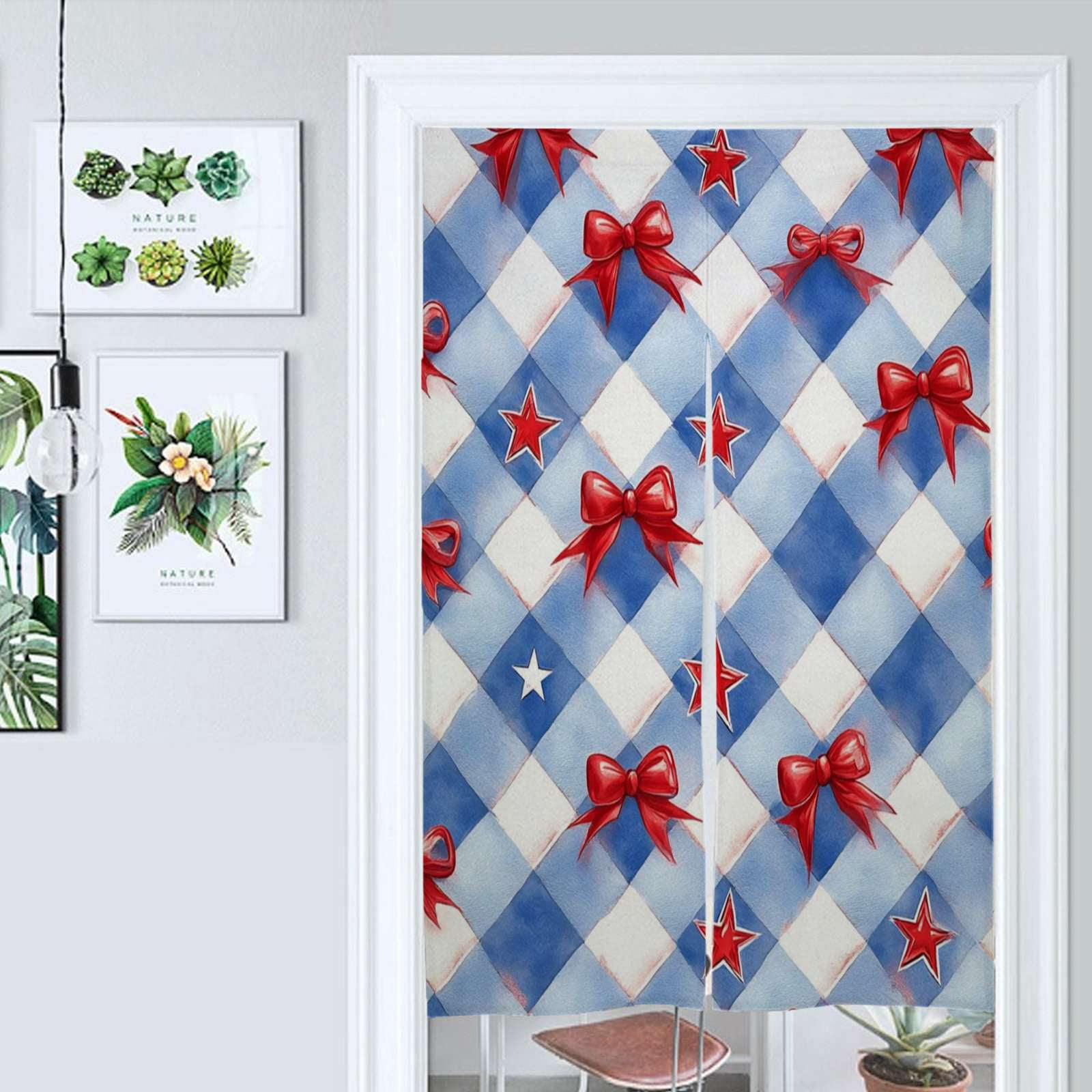 Red Bows On Blue Gingham Door Curtain Nordic Living Room DoorCurtain ...