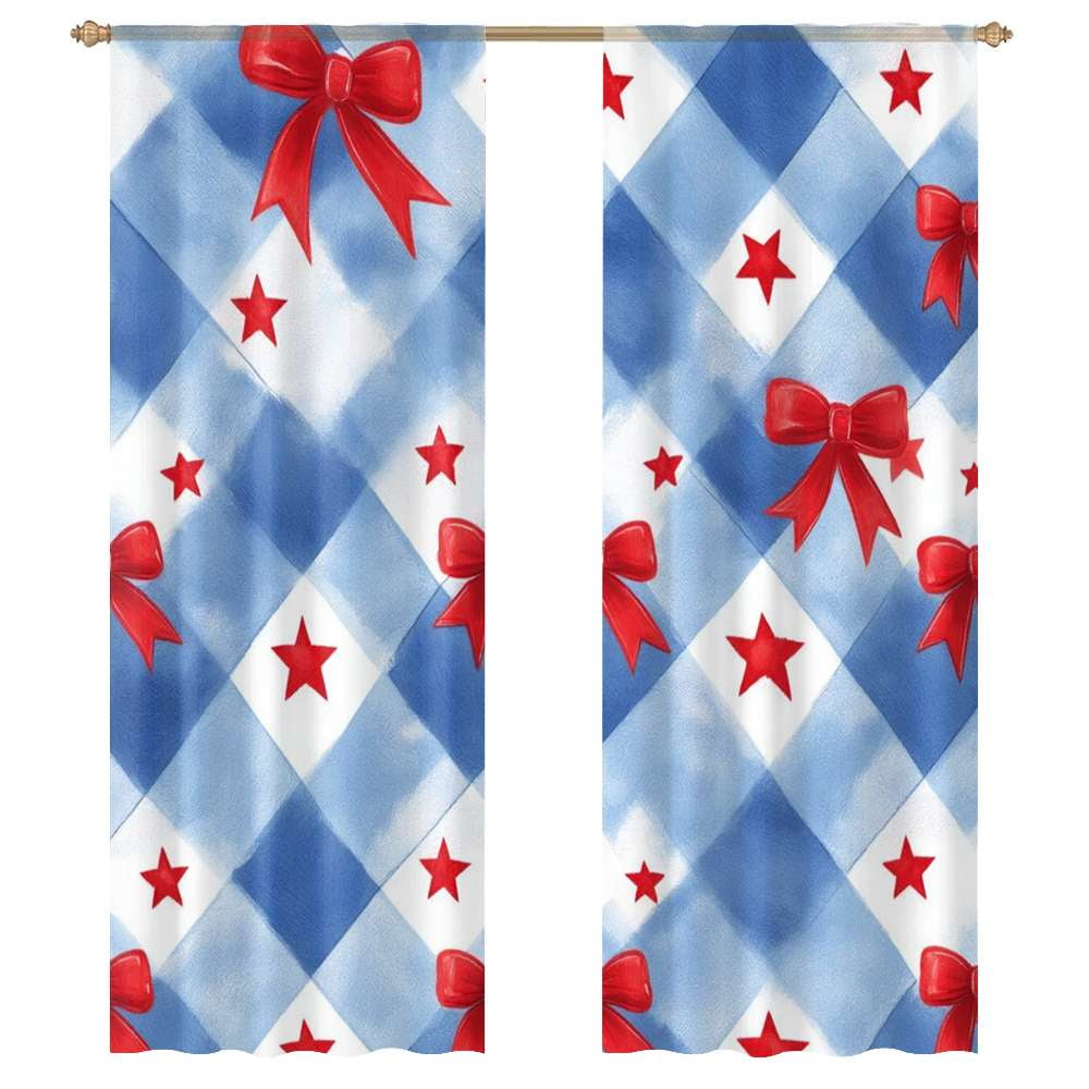 Red Bows On Blue Gingham Modern Tulle Window Curtains for Living Room ...