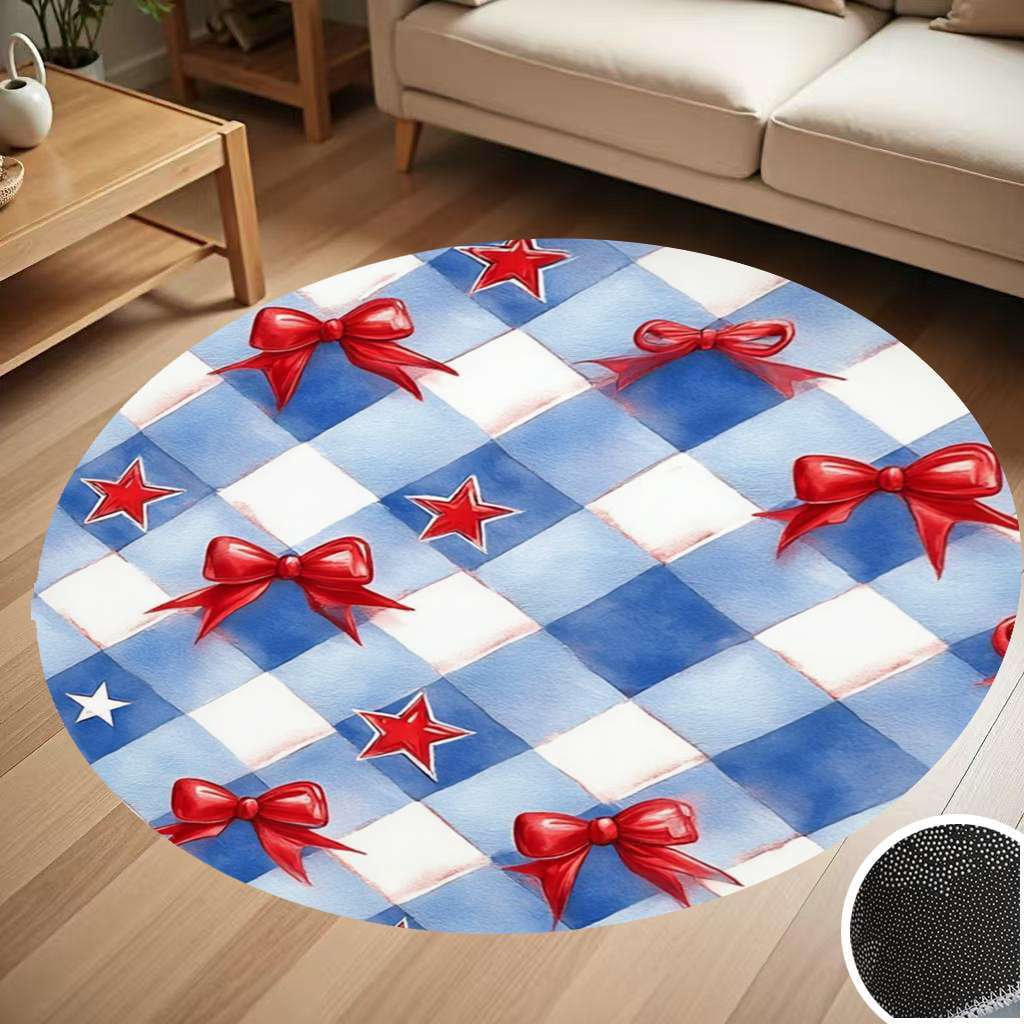 Red Bows On Blue Gingham Round Carpet Living Room Bedroom Home ...
