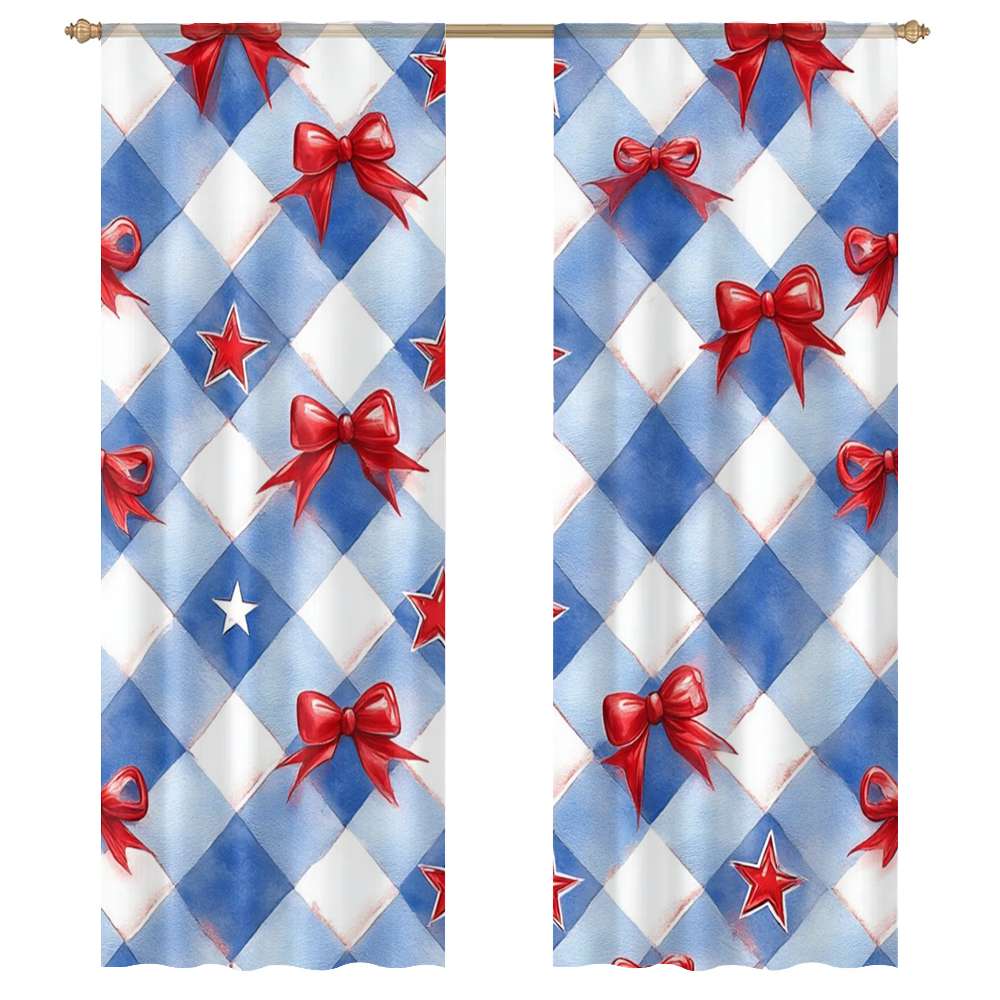 Red Bows On Blue Gingham Sheer Voile Curtain Window Tulle Curtains For ...