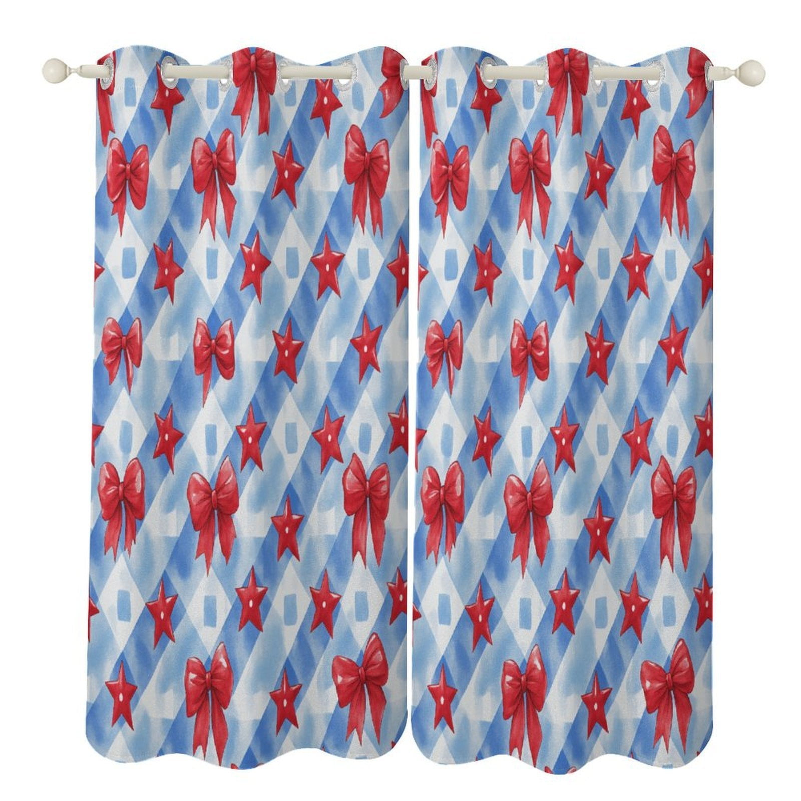 Red Bows Stars Blue Checkered Pattern 2pcs Blackout Curtains For Living ...