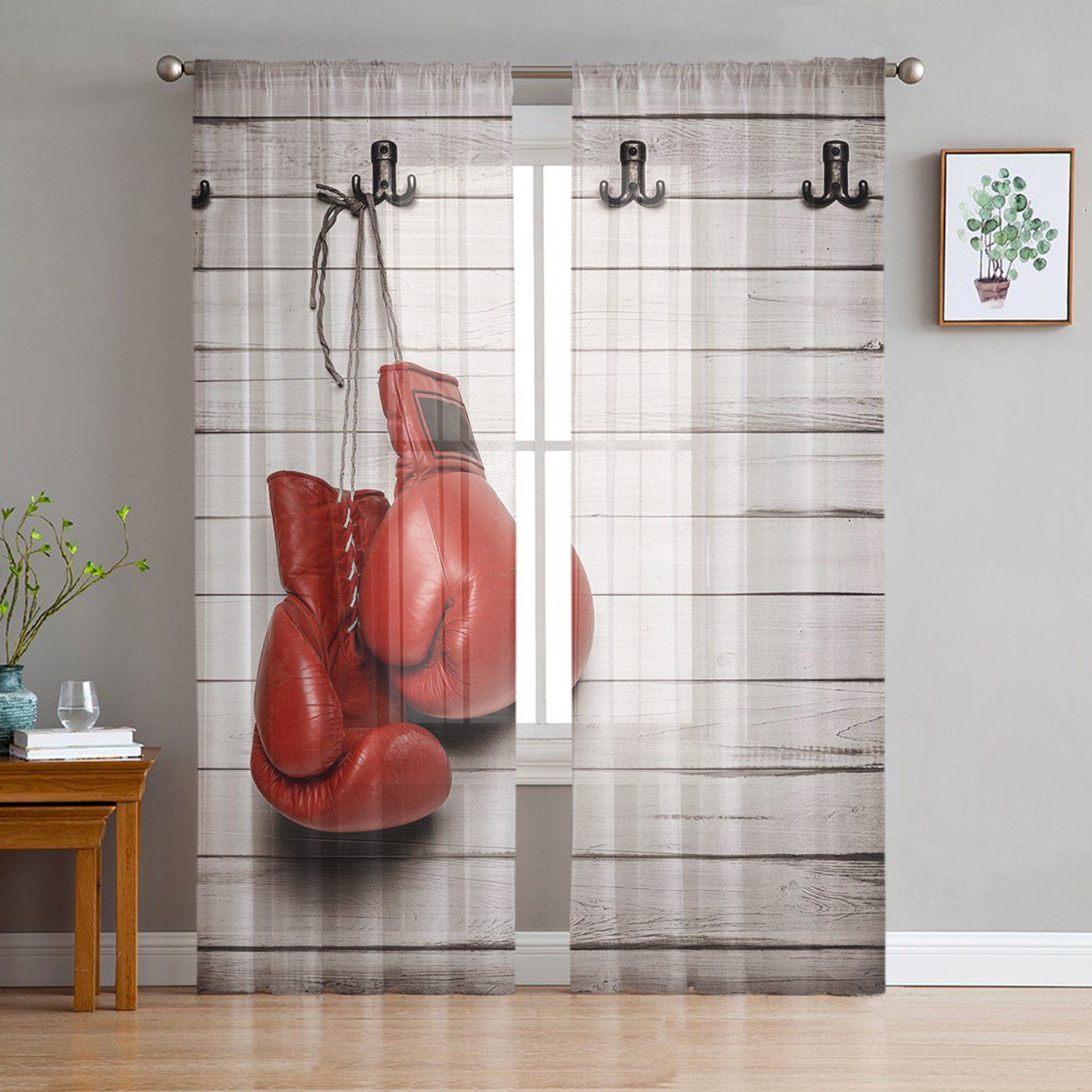 Red Boxing Gloves Against Wooden Wall Tulle Curtains for Living Room ...
