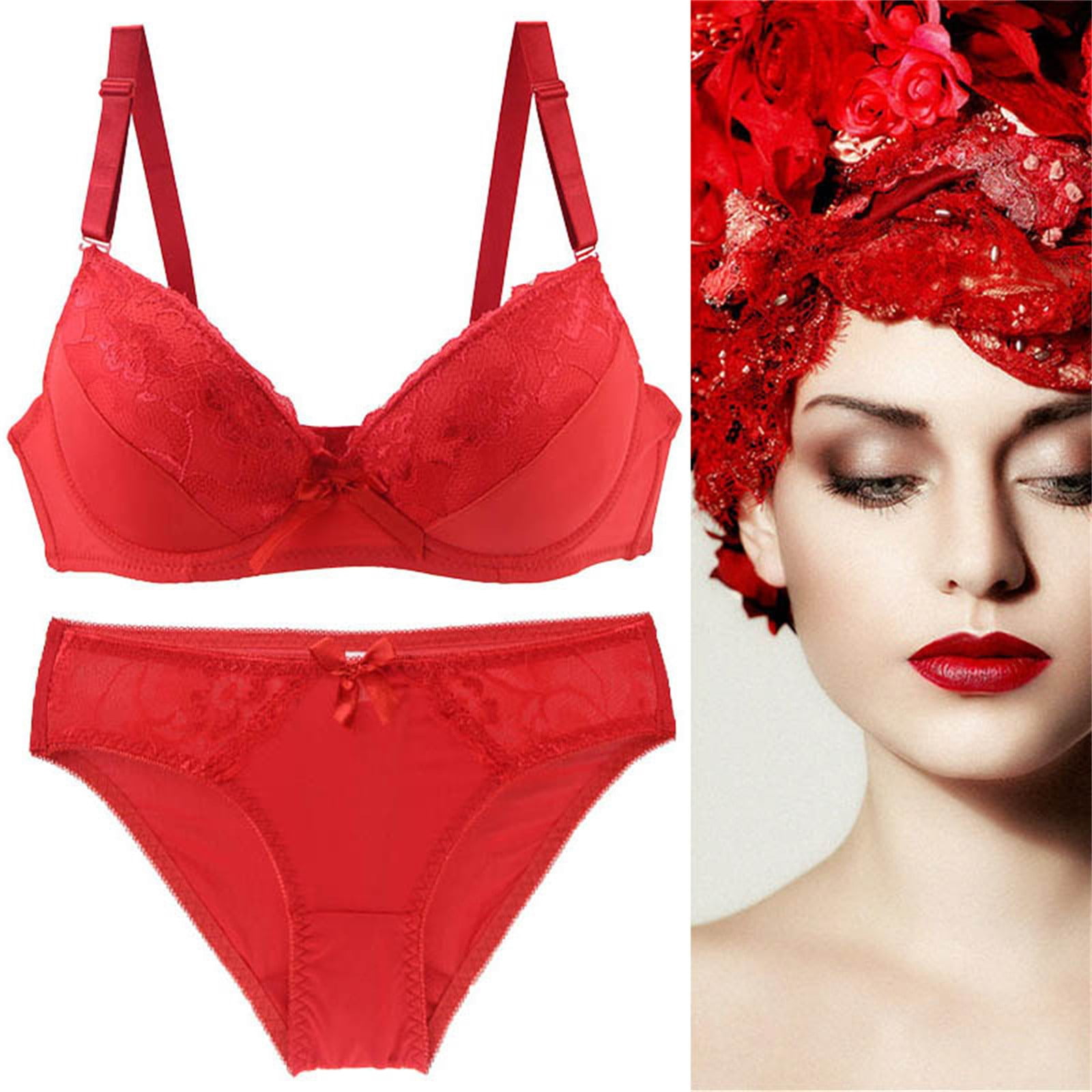 Red Bra & Brief Sets Women's Underwire Lace Bras Pu Sh Up Bra and ...