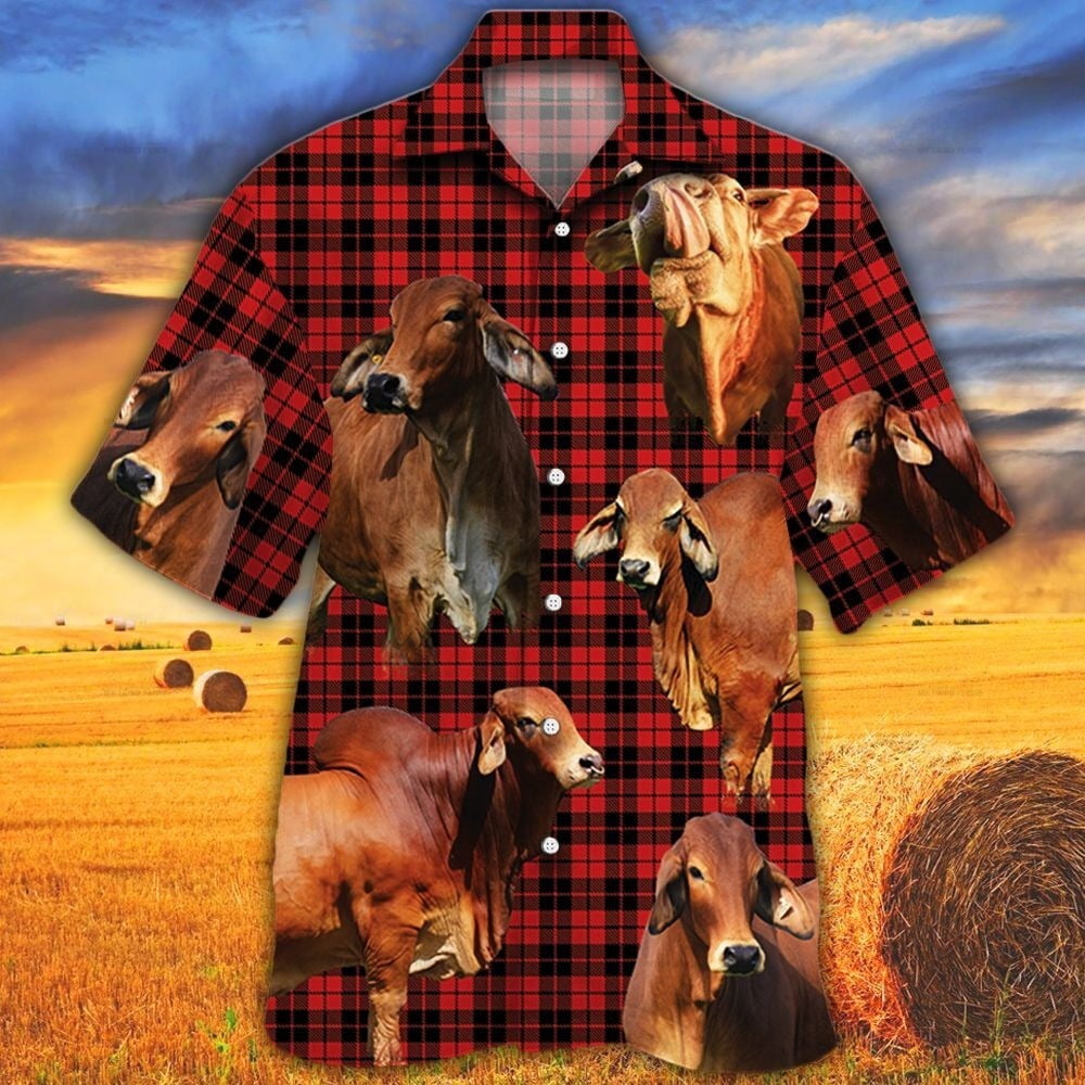 Red Brahman Cattle Lover Red Tartan Pattern Hawaiian Shirt For Adults ...