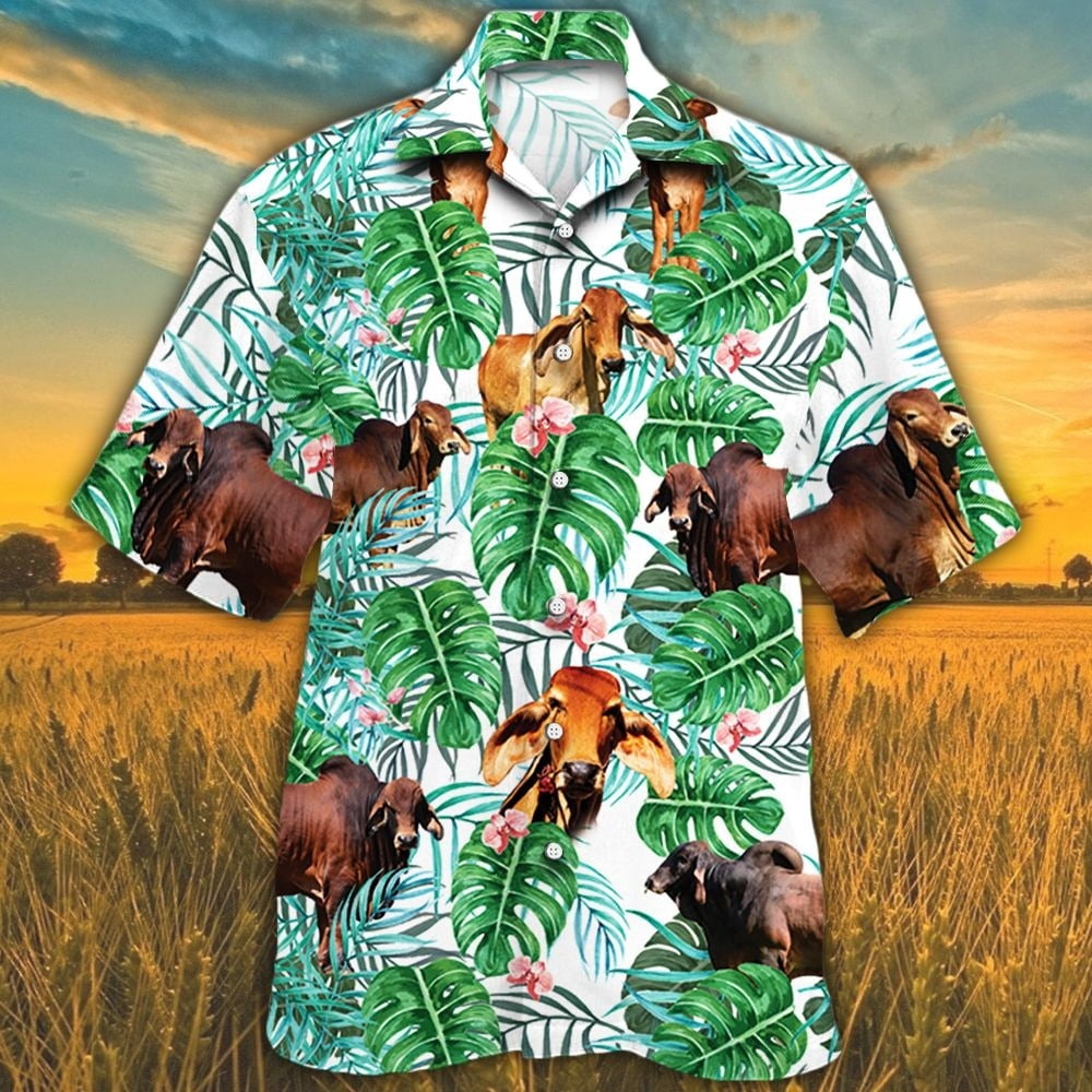 Red Brahman Cattle Lover Tropical Plants Hawaiian Shirts For Cow Lovers ...