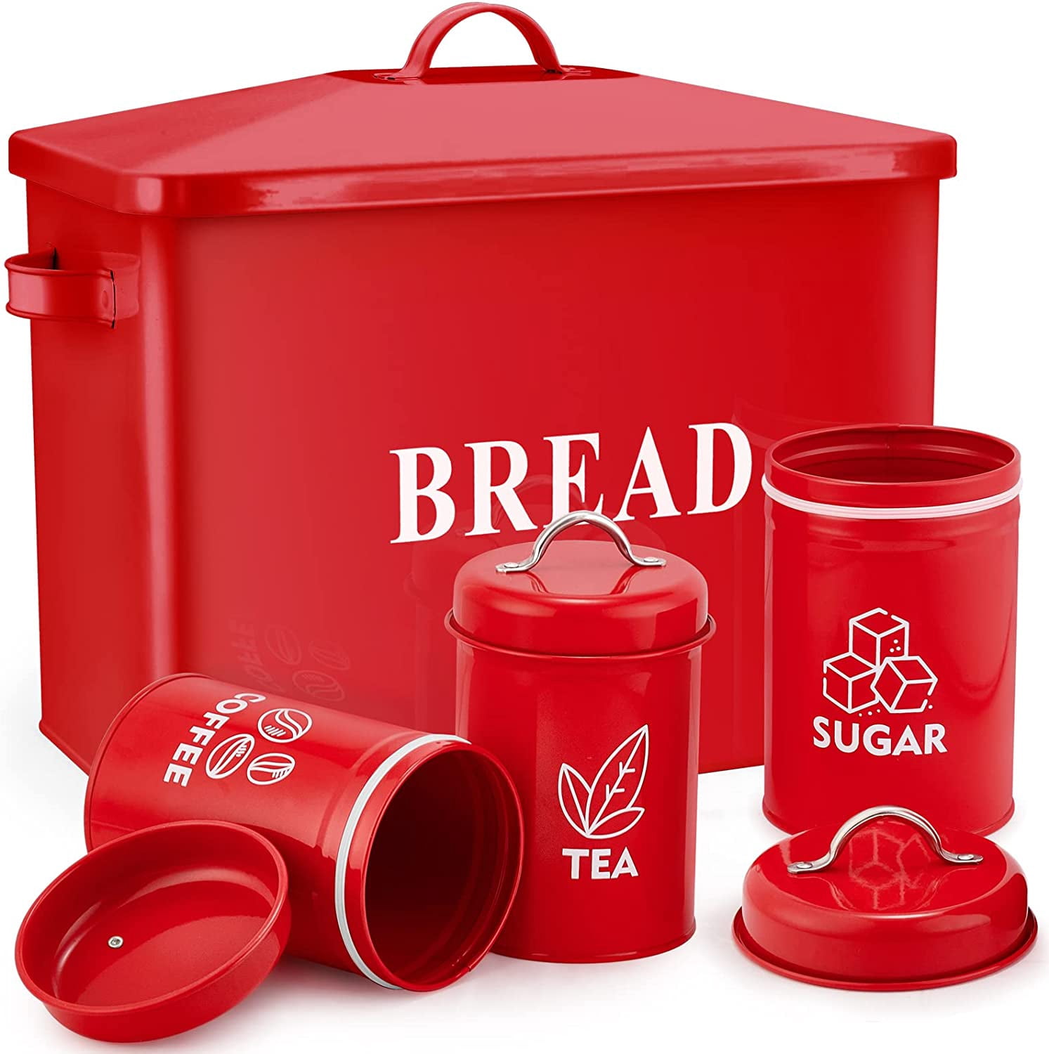 Red Bread Box with Canister Sets for Kitchen Countertop, Metal Bread ...