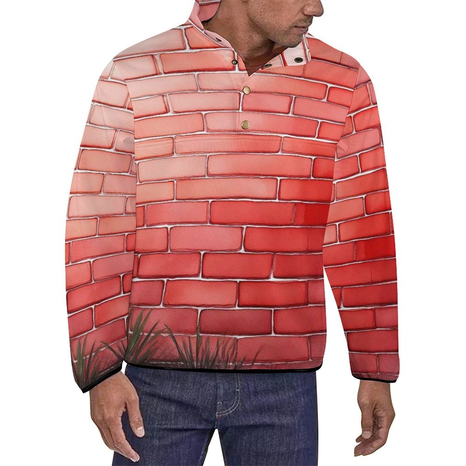 Red Brick Stone Wall Grass Men's Stand Collar Sweater Long Sleeve ...