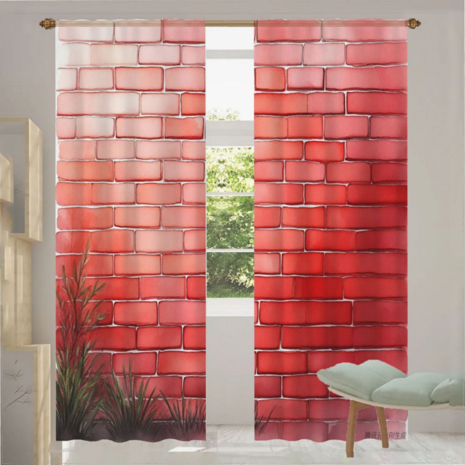 Red Brick Stone Wall Grass Tulle Sheer Window Curtains For Living Room ...