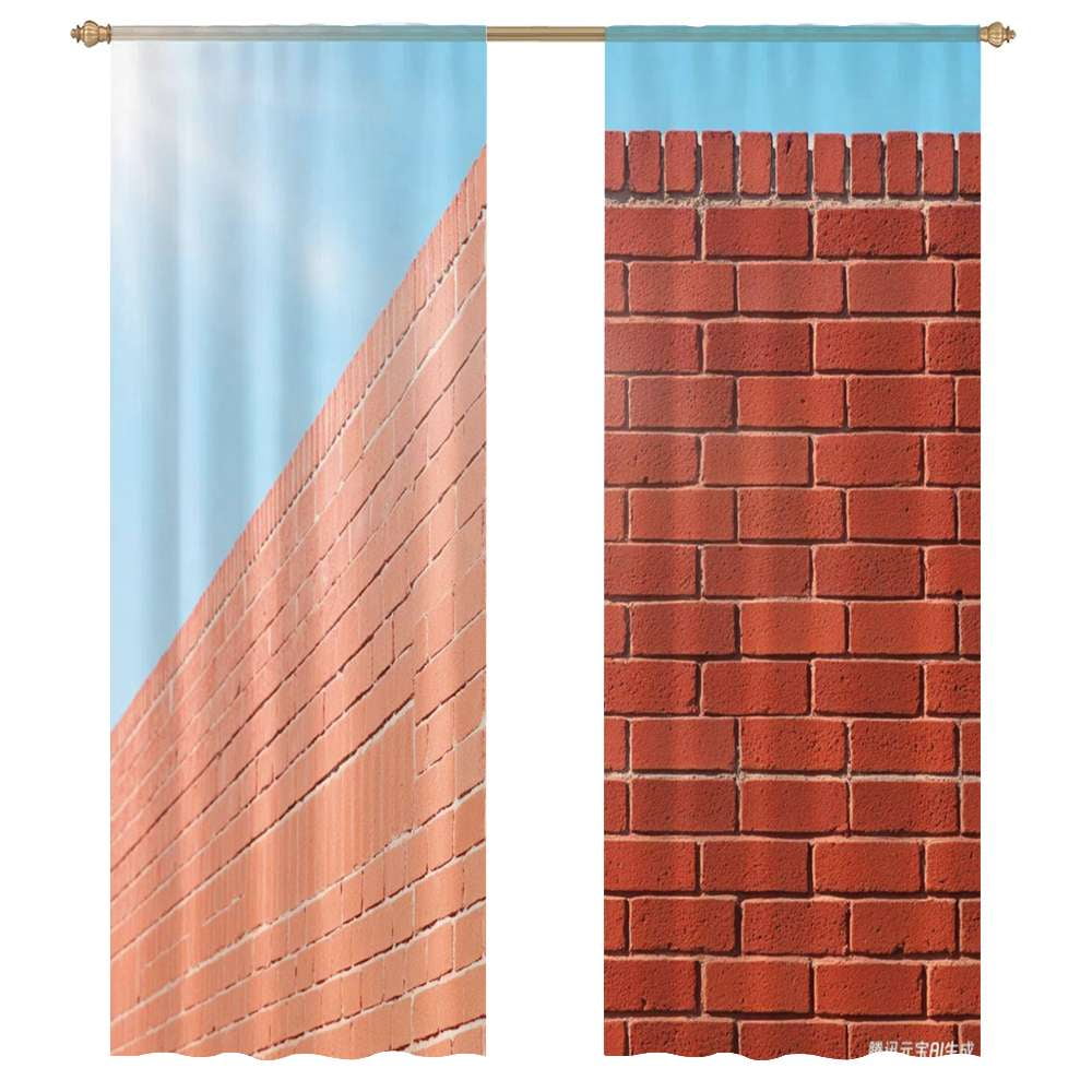 Red Brick Stone Wall Tulle Curtains For Living Room Chiffon Sheer Voile ...