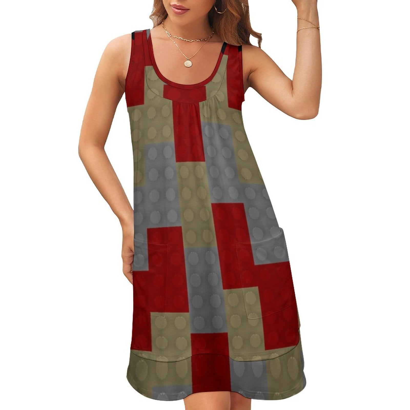 Red Brick Tan Brick Grey Brick Sleeveless U-Neck Fake Two Piece Dress ...