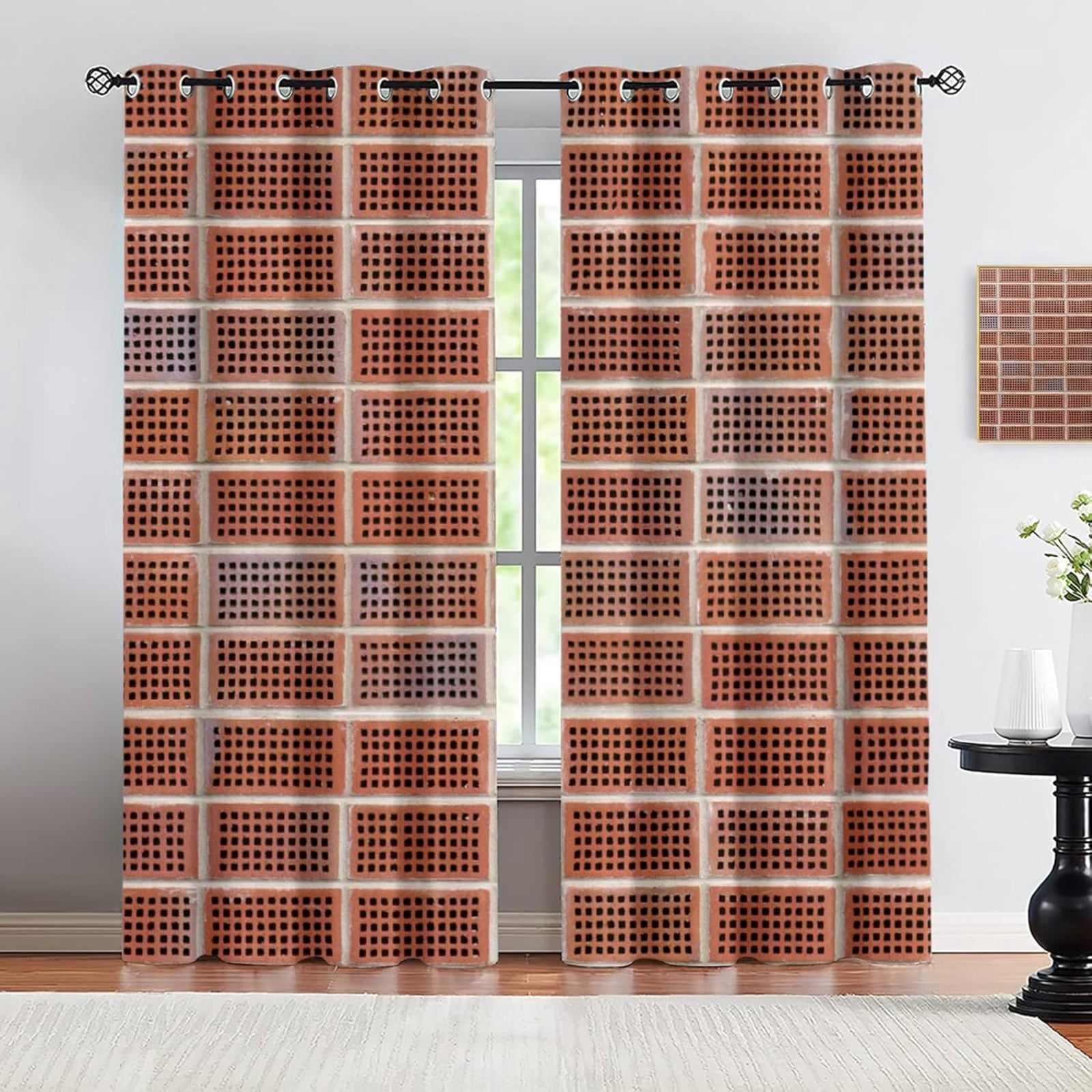 Red Brick Wall Background Curtains For Bedroom Retro Geometric Pattern ...