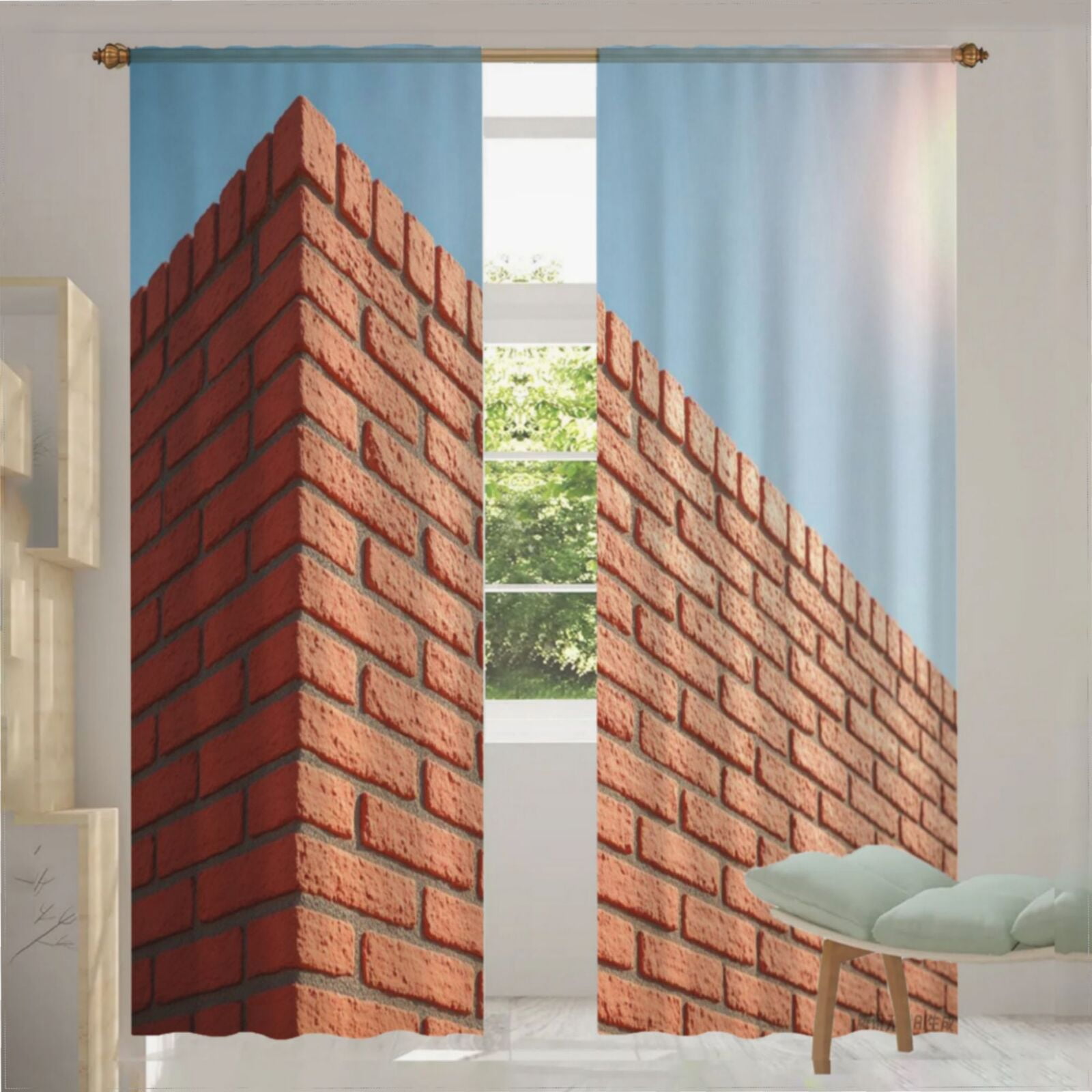 Red Brick Wall, Brick Stone Wall Sunlight Tulle Curtain for Living Room ...