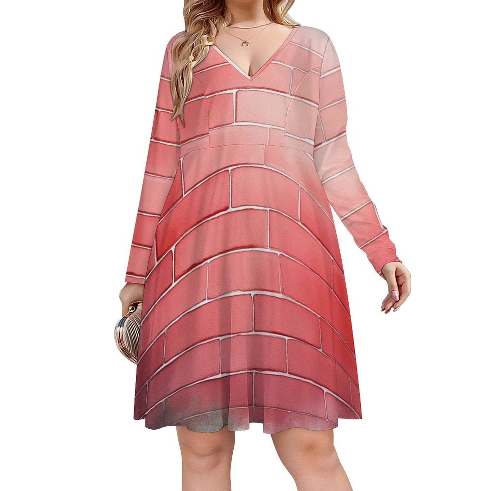 Red Brick Wall Grass Long Sleeve Dresses For Women Vintage Elegant ...