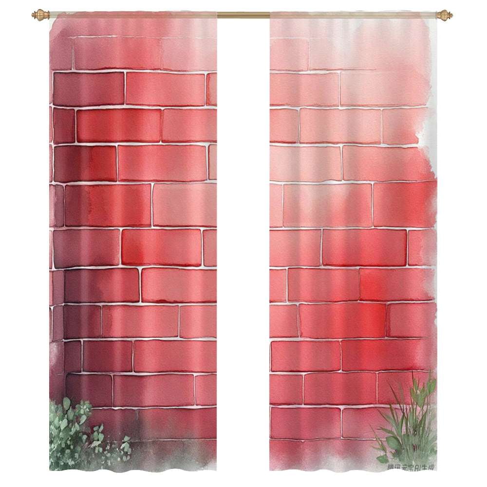 Red Brick Wall Grass Sheer Window Curtains for Living Room Kitchen ...