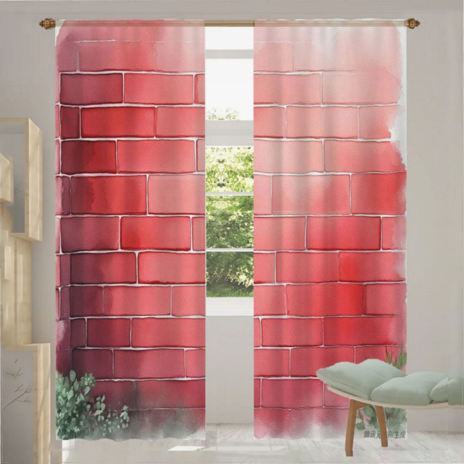 Red Brick Wall Grass Sheer Window Curtains for Living Room Kitchen ...