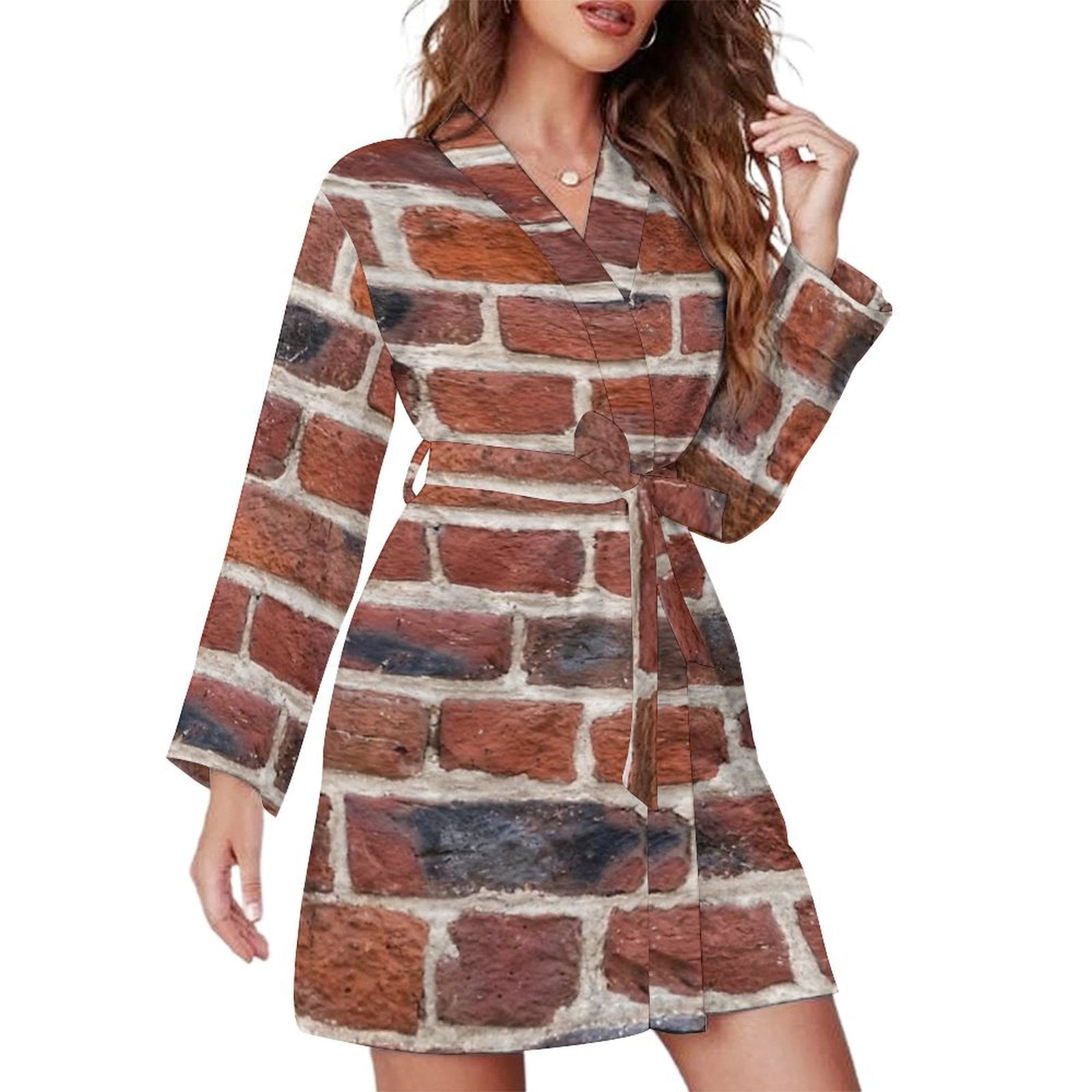 Red Brick Wall Night Robe Long Sleeve V Neck Robe With Belt Women's ...