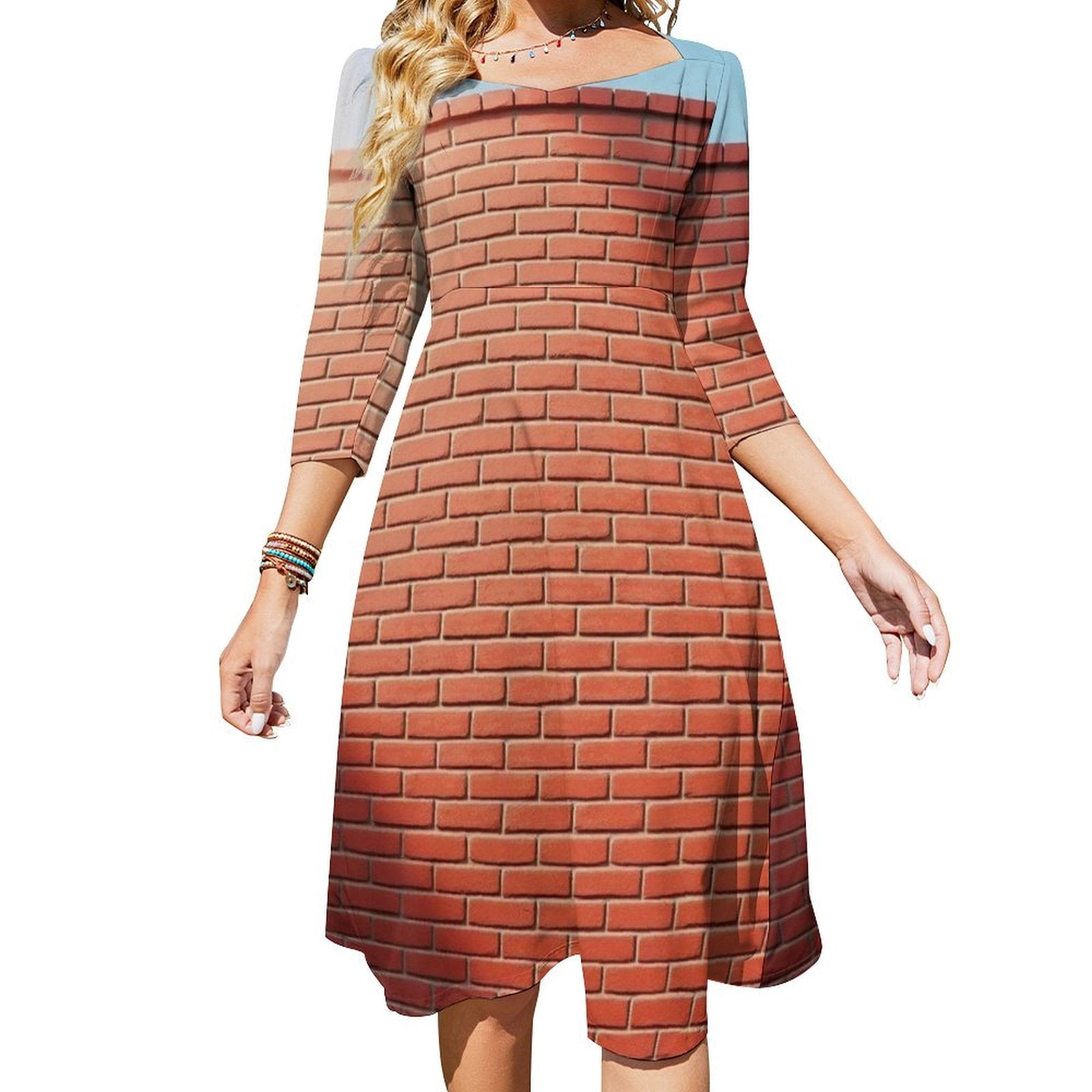 Red Brick Wall Sunlight Women's 3/4 Sleeve Dresses Elegant A-Line Midi ...