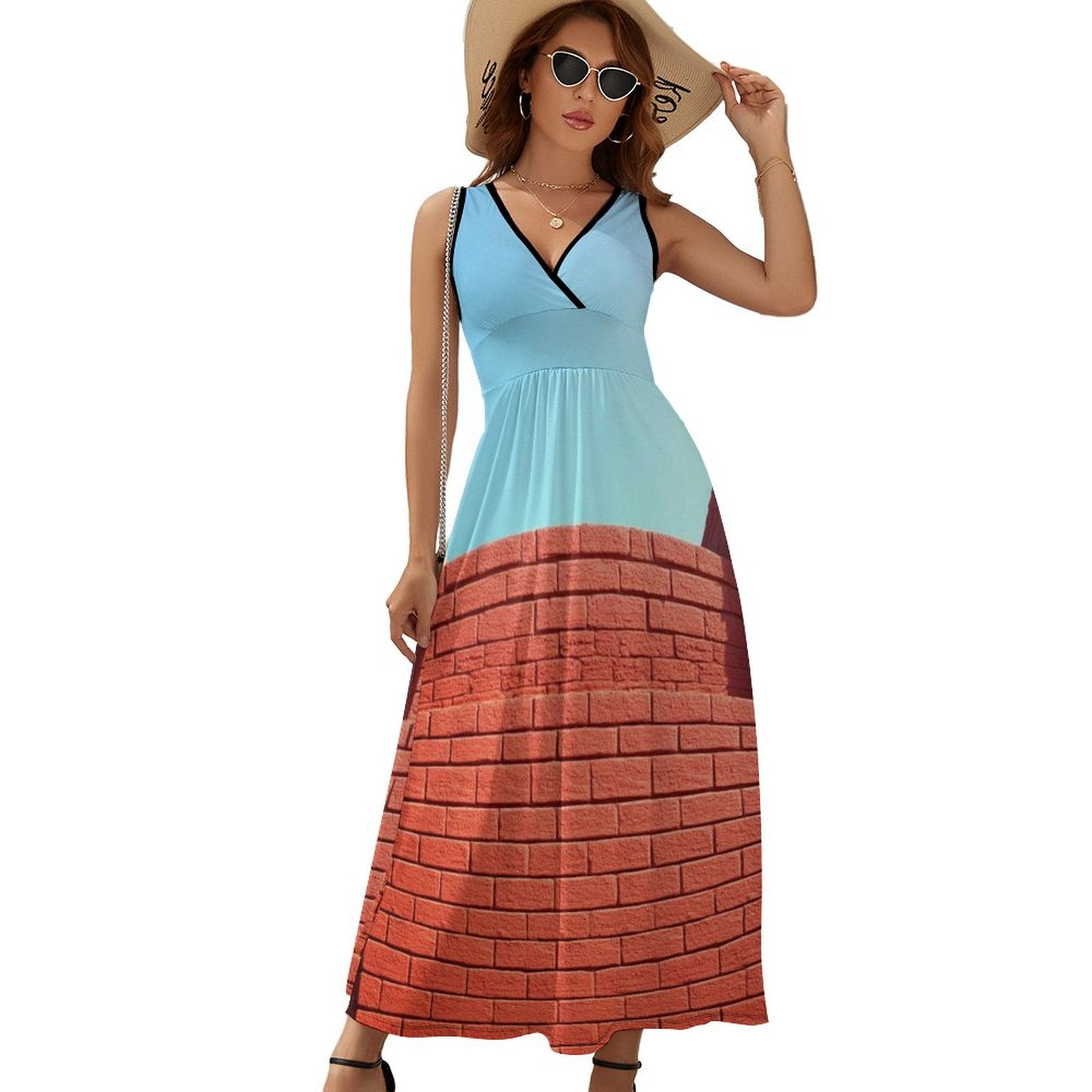 Red Brick Wall Womens Night Club Maxi Dress V Neck Sleeveless Bohemia ...