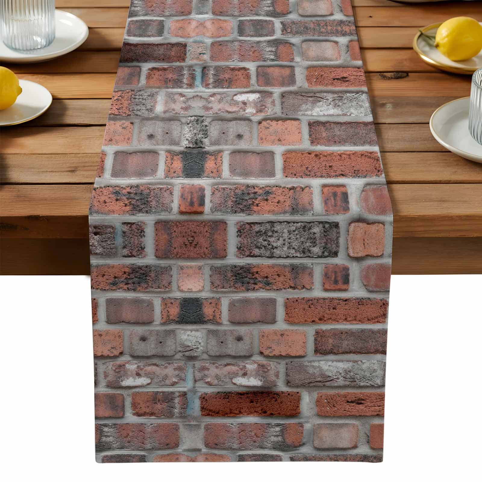 Red Bricks Table Runner, Stone Wall Art Retro Abstract Vintage Washable ...