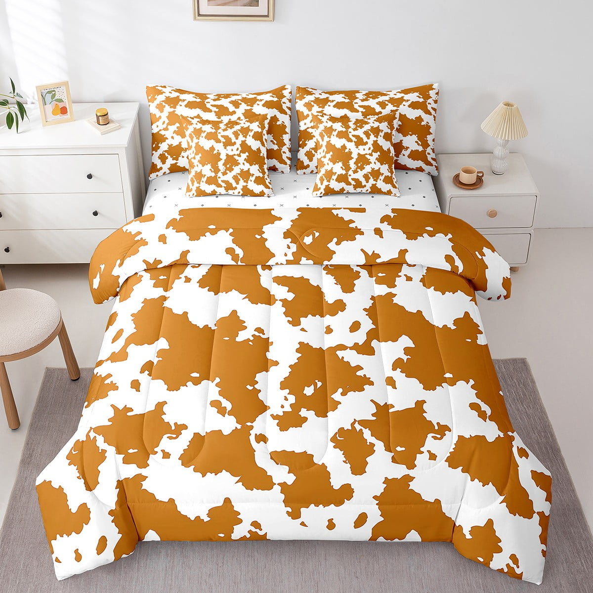 Red Brown Cowhide Full Comforter Set,7 Pieces Bull Cattle Cow Print ...