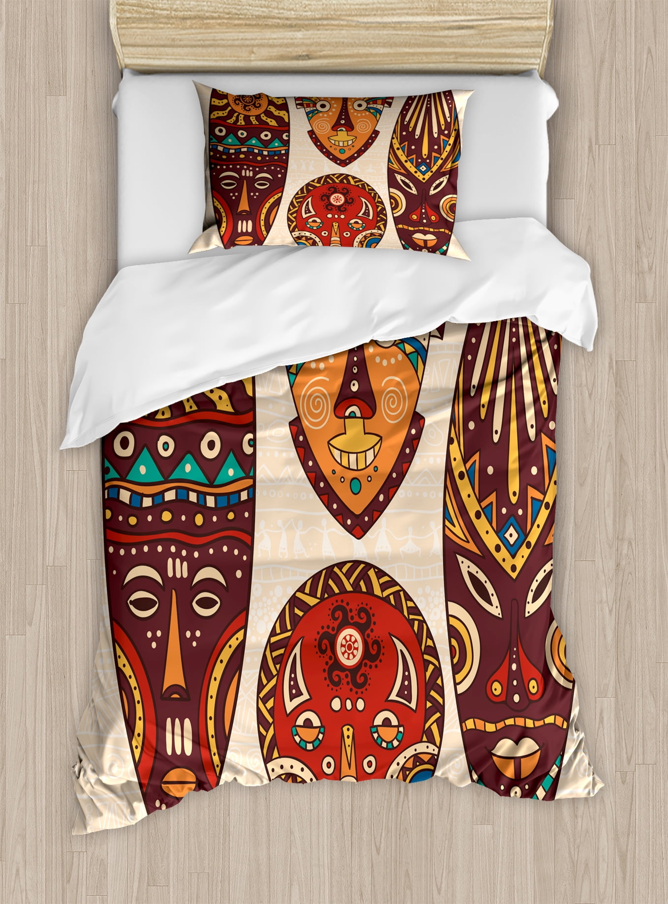 Red and Brown Duvet Cover Set, Tribal African Pattern on Ritual Masks ...