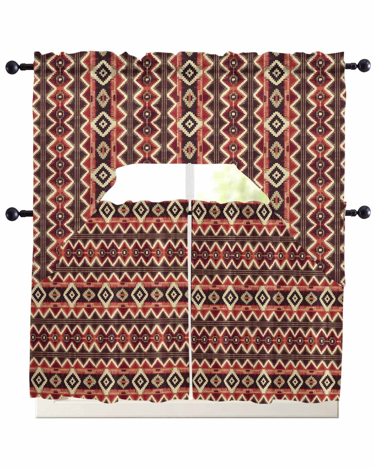 Red Brown Geometric Kitchen Curtains Swag Valance and Tier Curtains Set ...