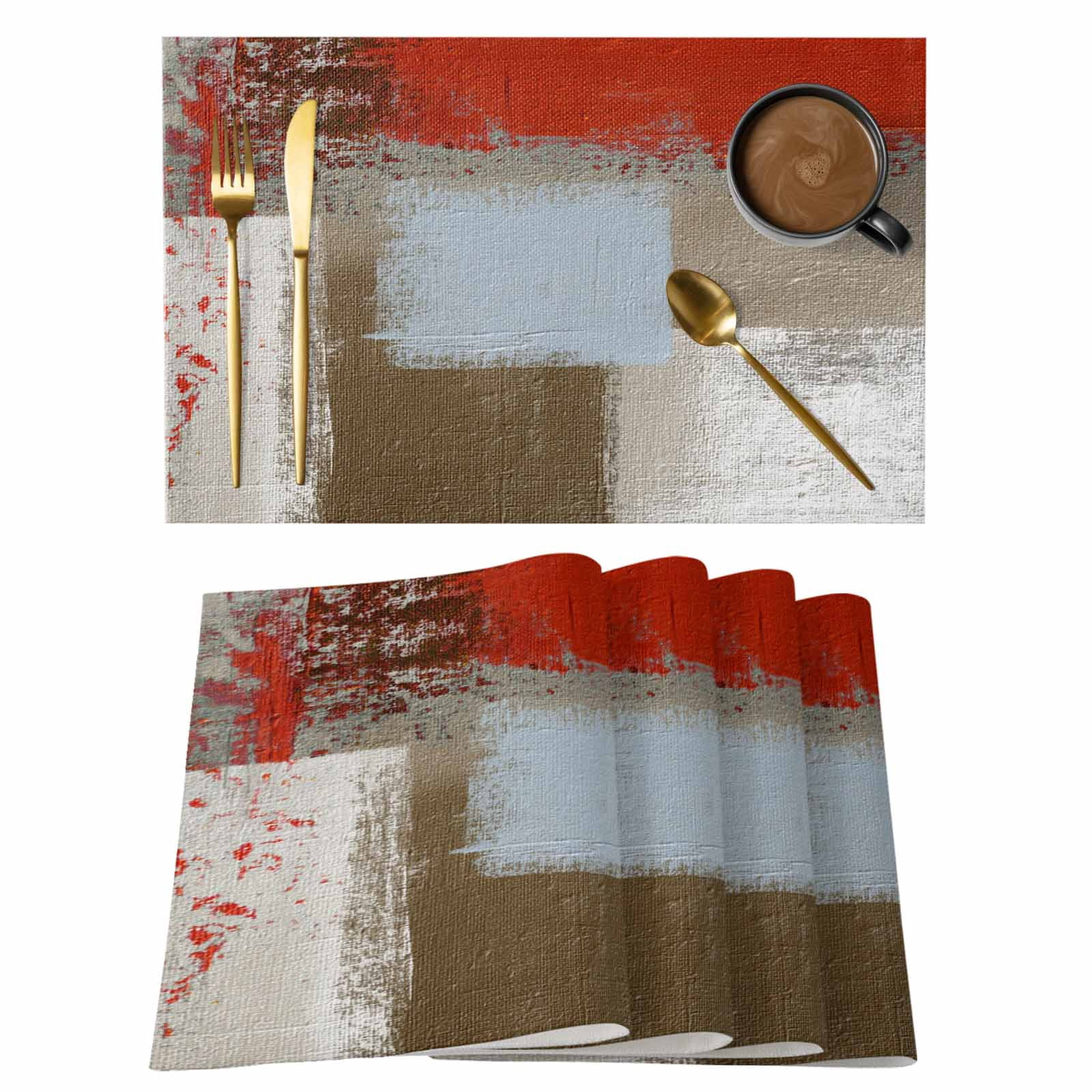 Red Brown Placemats Set of 8, Blue White Modern Rustic Neutral Graffiti ...