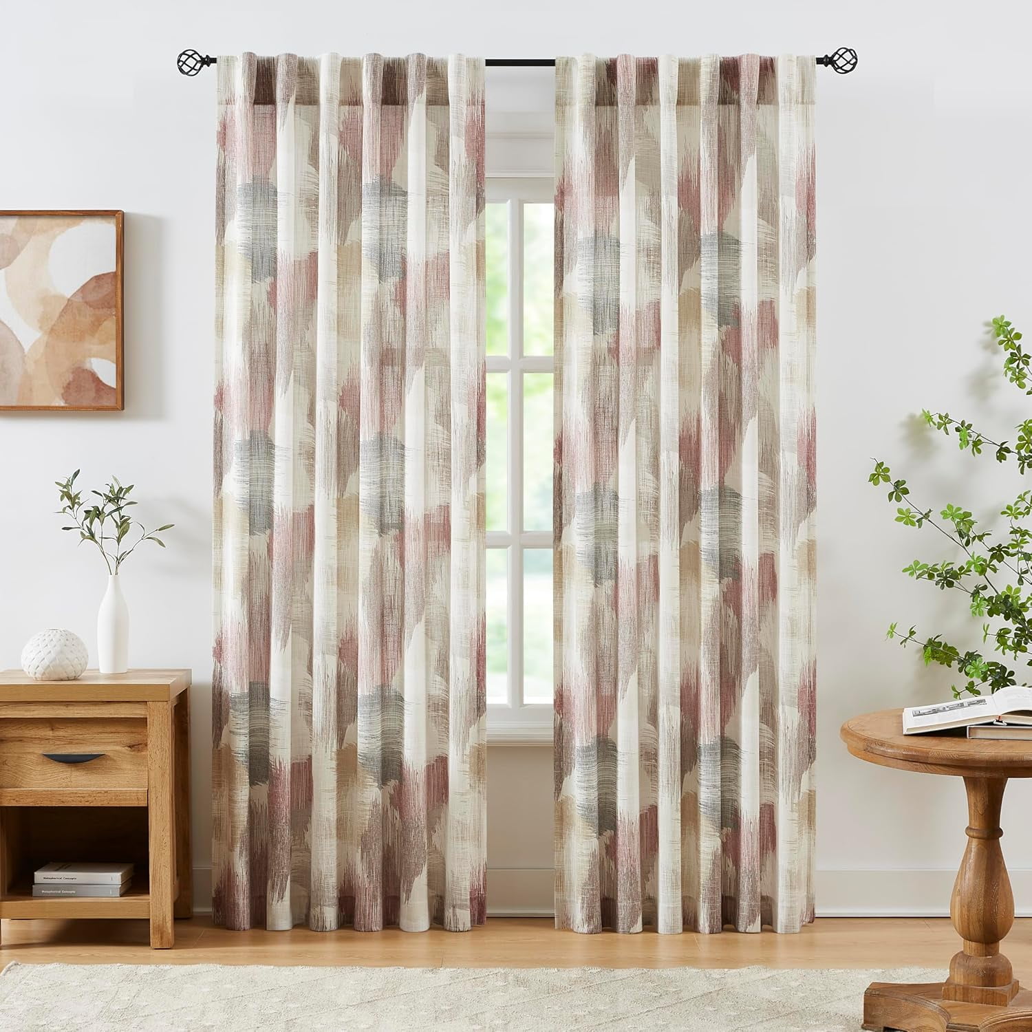 Red Brown Watercolor Semi-Sheer Curtain Panels with Boho Ink Geo Print ...