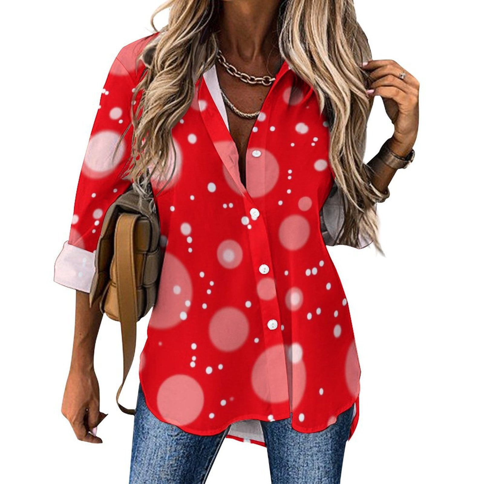 Red Bubble Background Loose Blouse Oversize Blouses Long-Sleeve Office ...