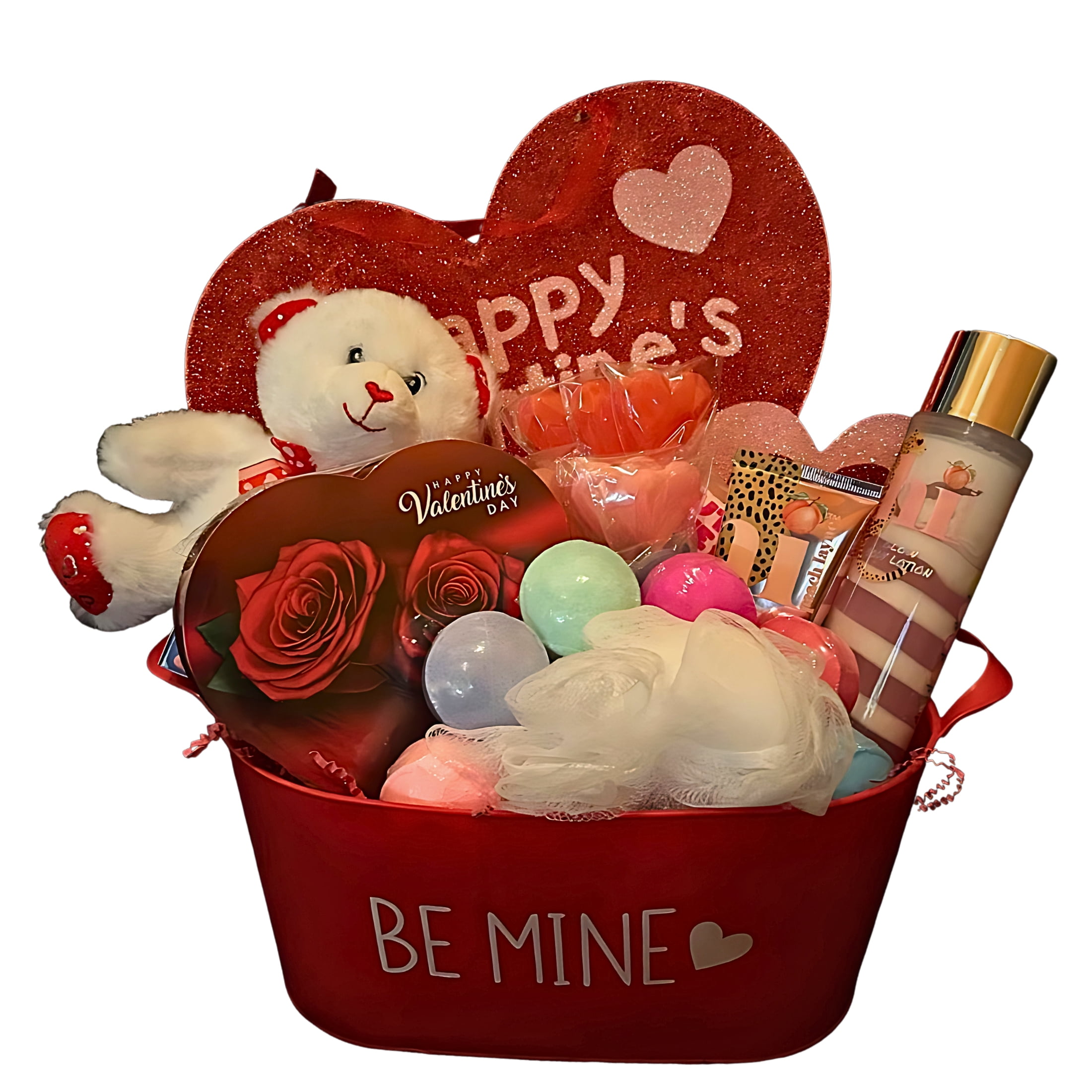 Red Bucket Container Valentine's Day Gift Basket Heart Treats Set ...