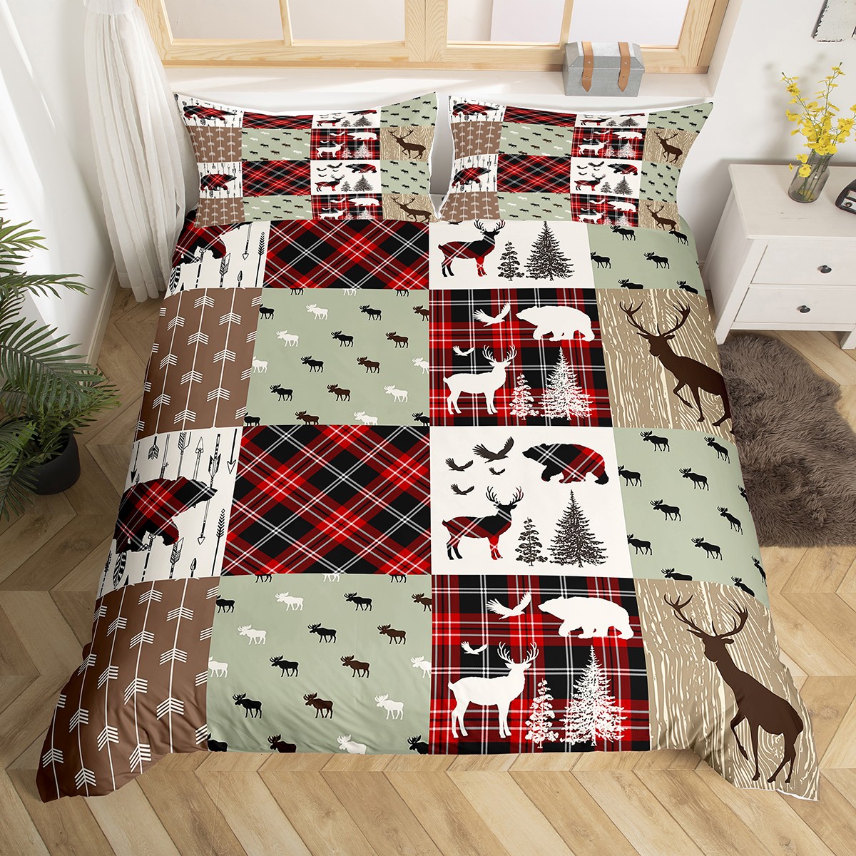 Red Buffalo Plaid Bedding Set ,Woodland Bear Moose Duvet Cover Hunting ...