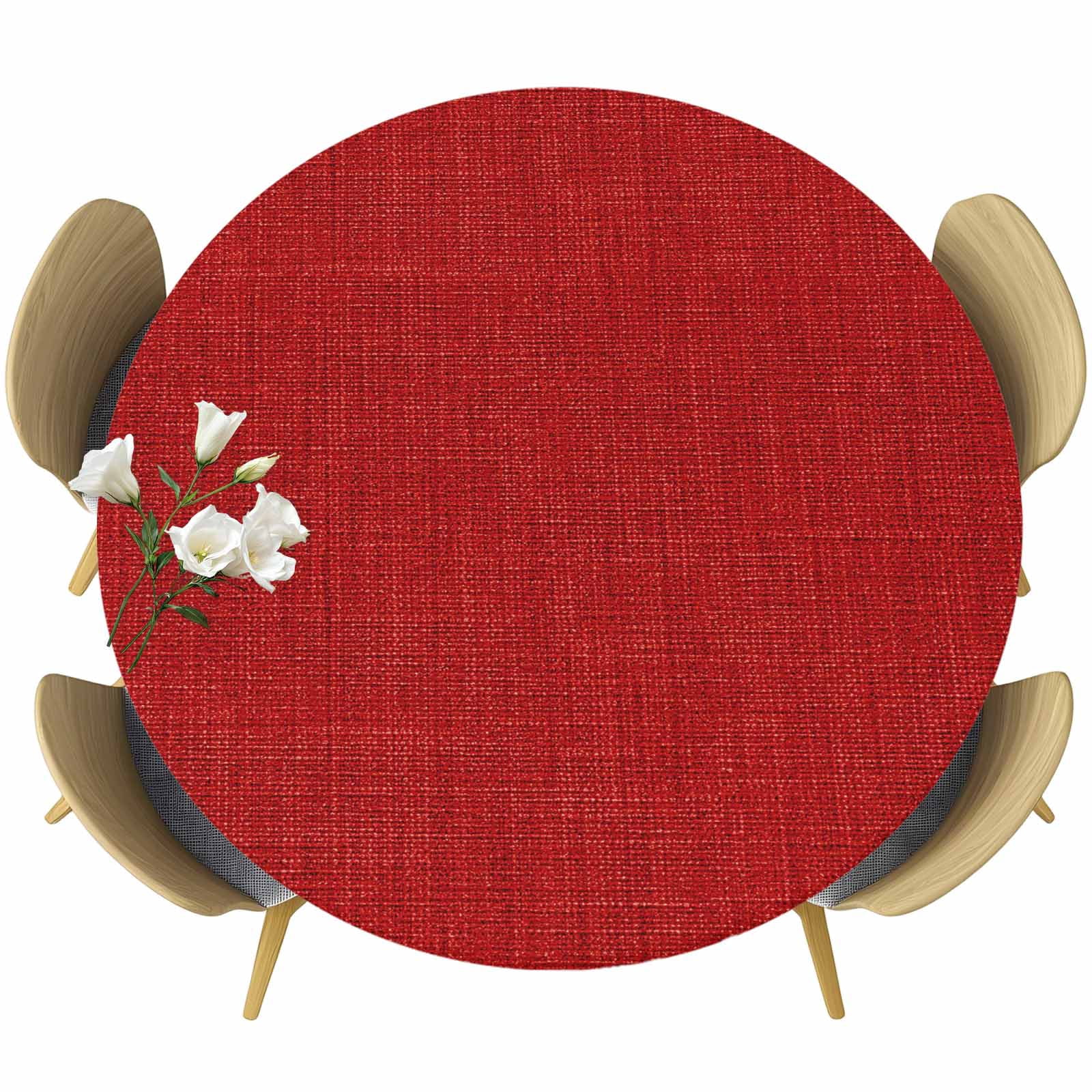 Red Burlap Texture Round Tablecloth, Fitted Table Cover with Elastic ...