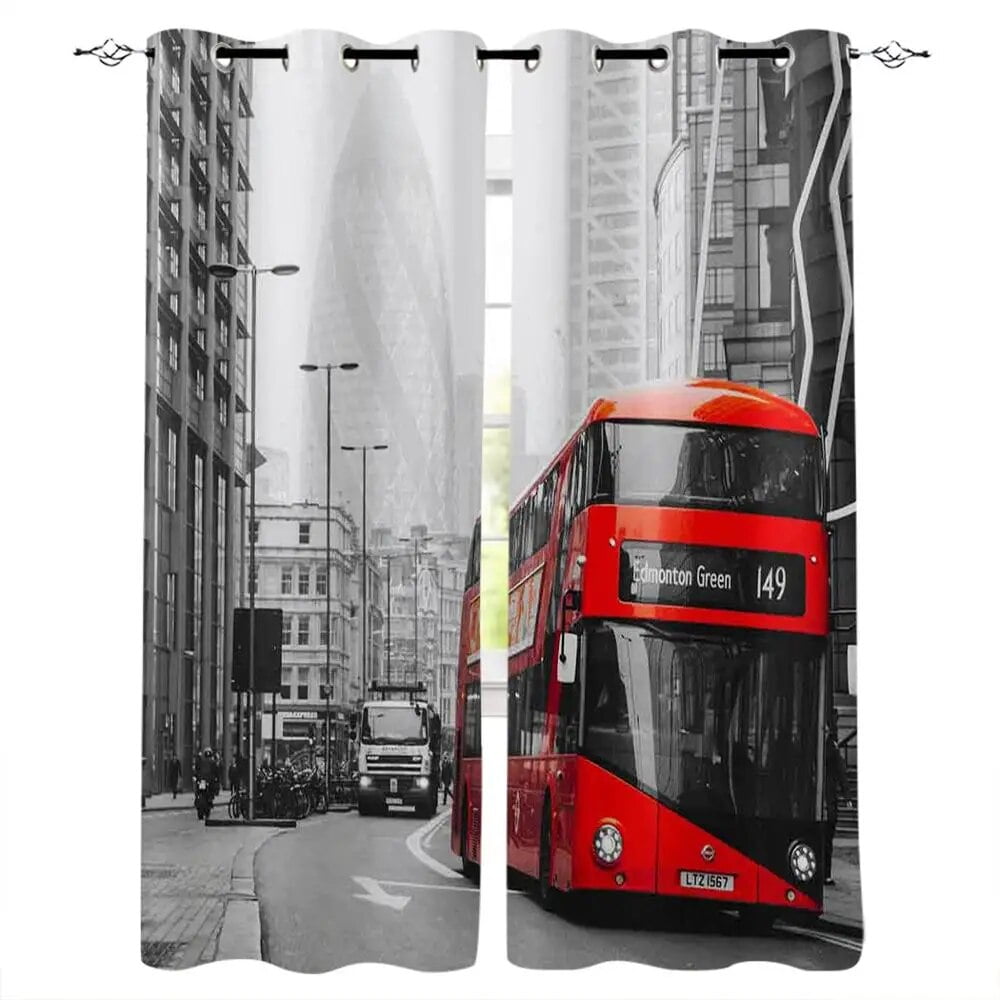 Red Bus London Street Scenery Local Color Window Curtains Scenic ...