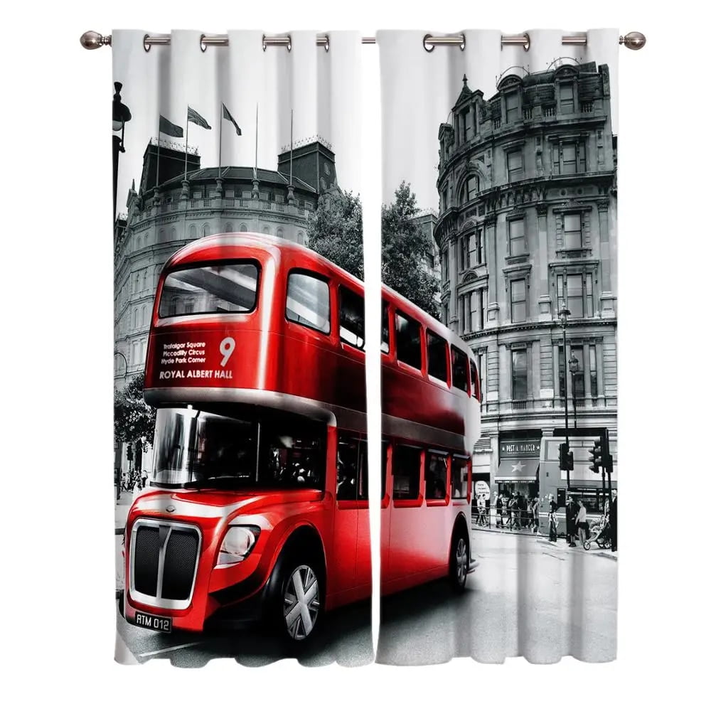 Red Bus London Street Scenery Local Color Window Curtains Scenic ...