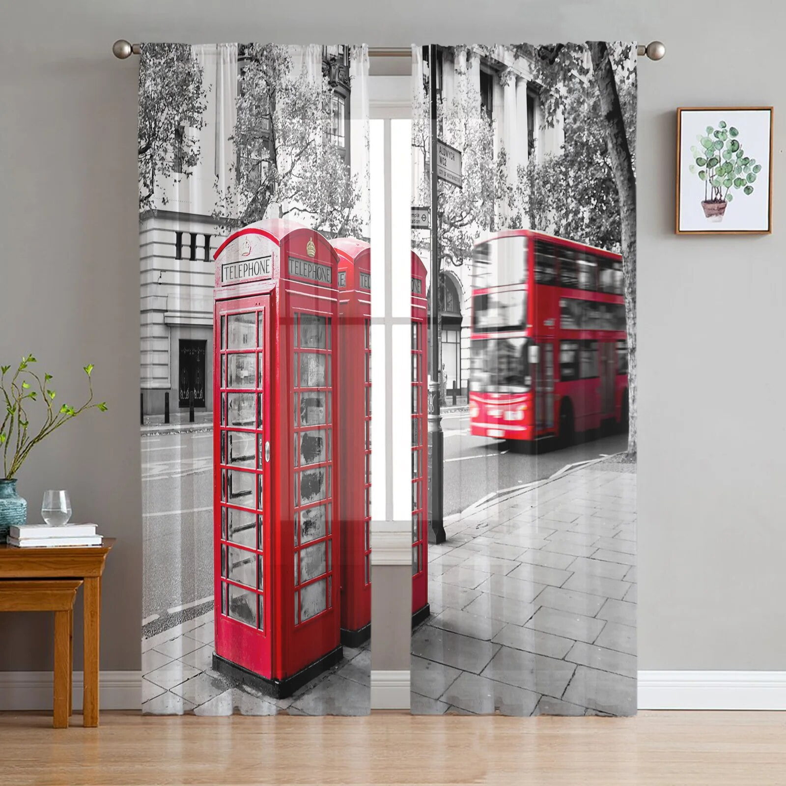 Red Bus London Street Scenery Sheer Curtains for Living Room Bedroom ...