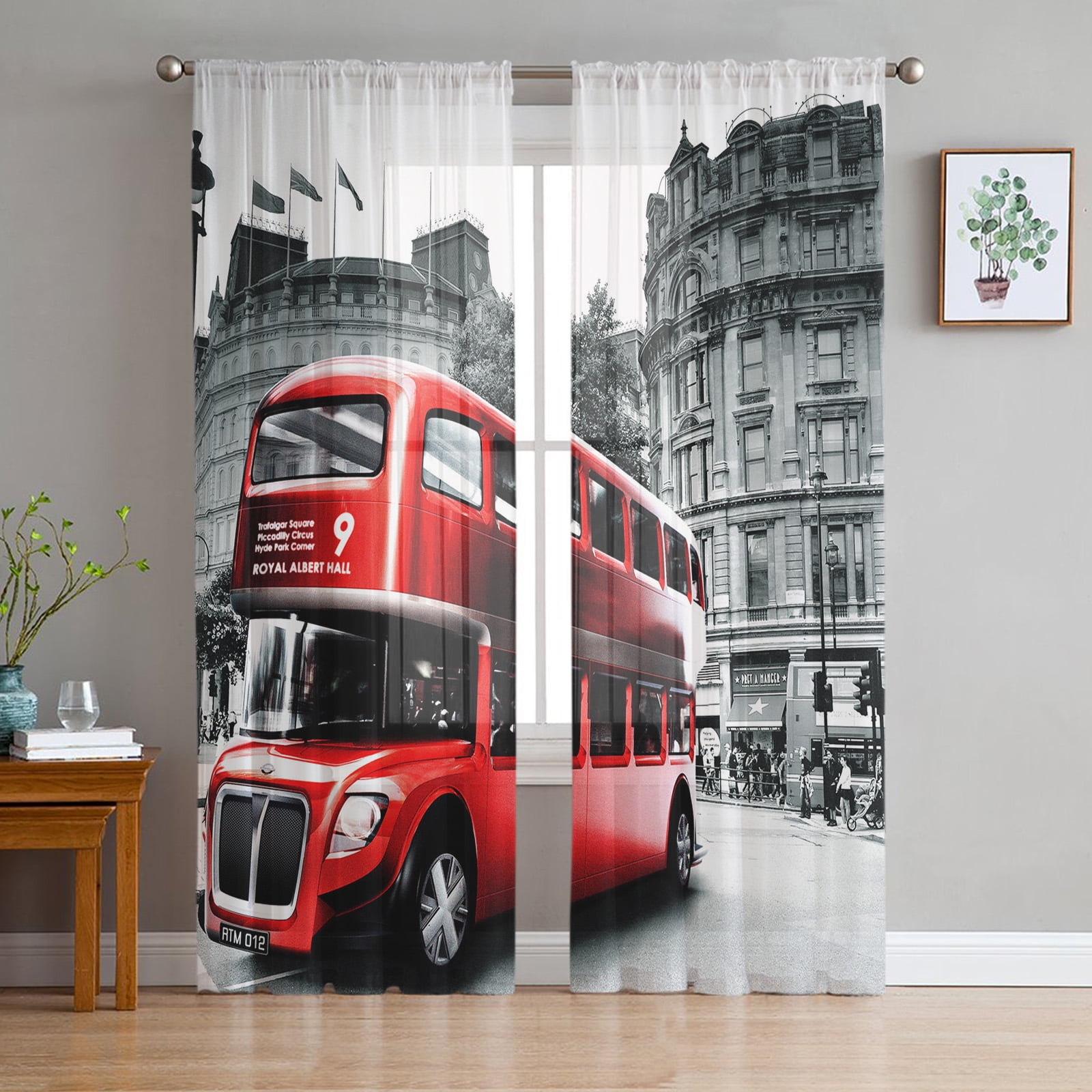 Red Bus London Street Scenery Tulle Curtains for Living Room ration ...