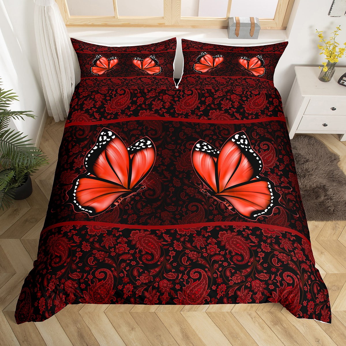 Red Butterfly Duvet Cover for Girls Women,Vintage Paisley Flower ...