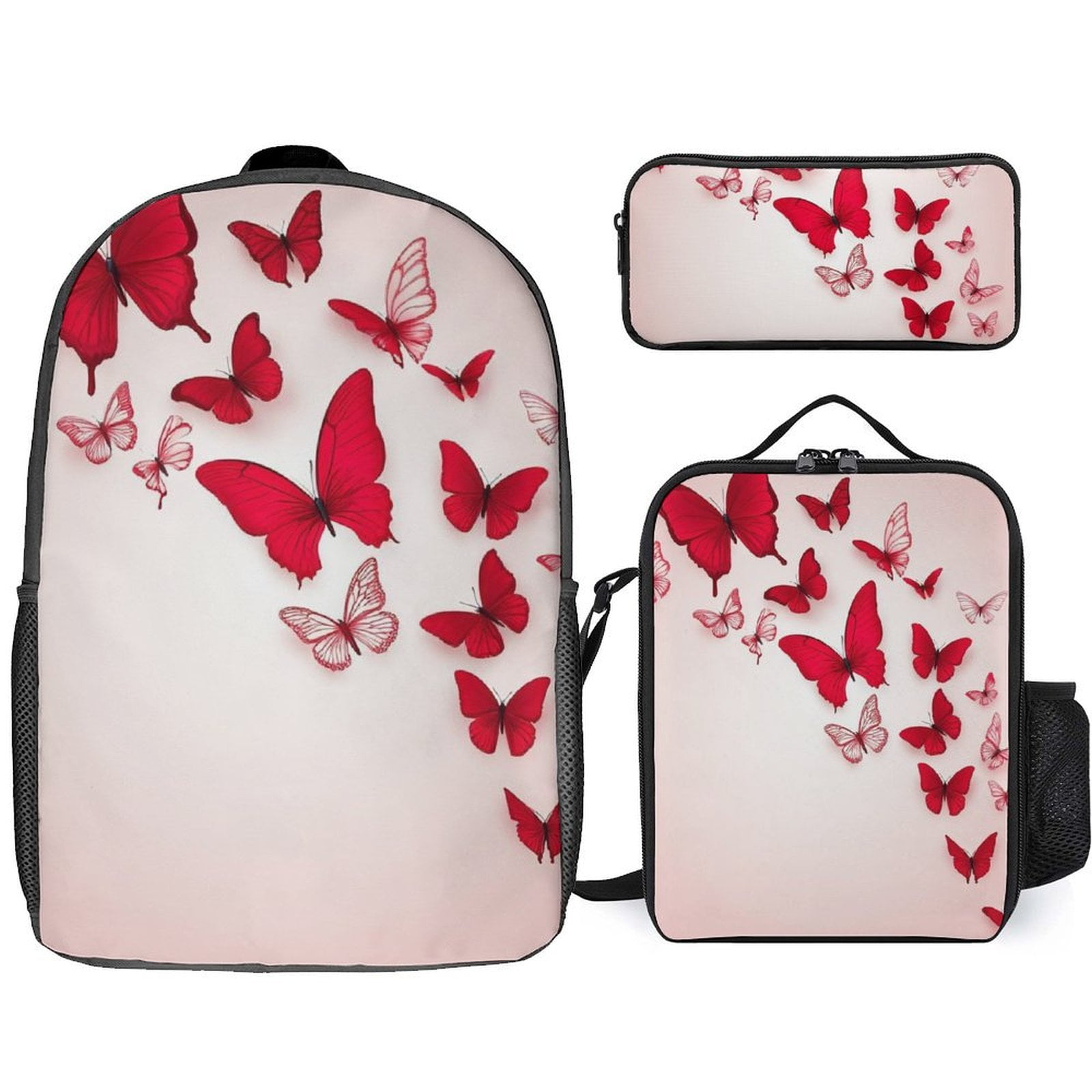 Red Butterfly Swarm Print-1 3D Printed 3pcs/Set Bags Laptop Daypack Backpack Lunch bag Pencil ...